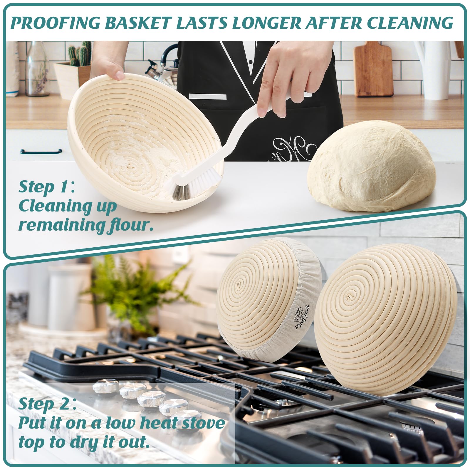 AOSION Banneton Bread Proofing Basket Set of 2,Sourdough Bread Kit,Two Round 9" Bannetons,Sourdough Proofing Basket for Bread Making Kit,Bread Making Tools and Supplies,Gift for Bakers