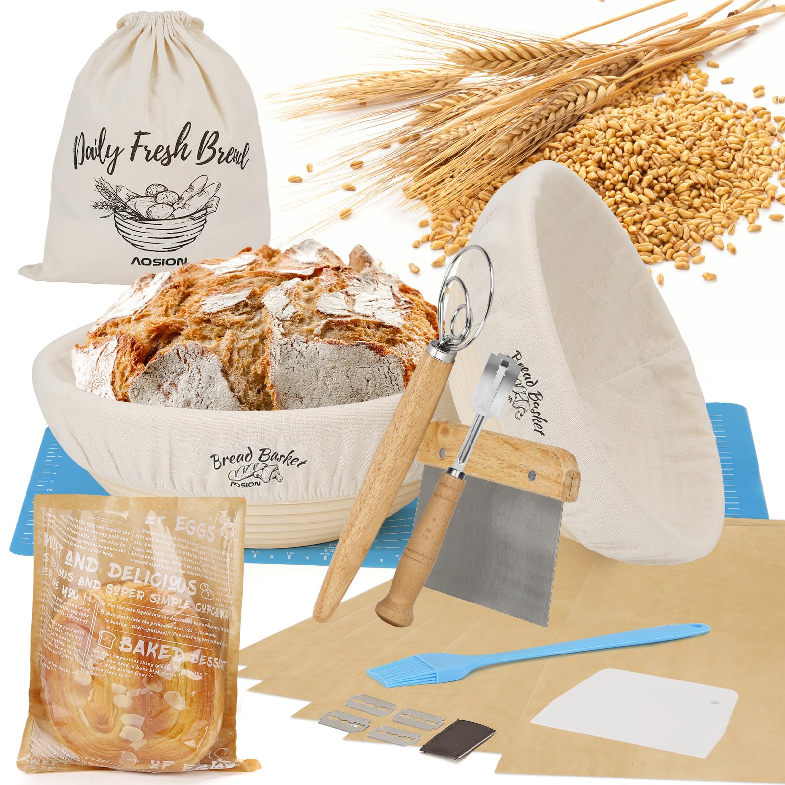 AOSION Banneton Bread Proofing Basket Set of 2,Sourdough Bread Kit,Two Round 9" Bannetons,Sourdough Proofing Basket for Bread Making Kit,Bread Making Tools and Supplies,Gift for Bakers