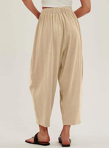 Beaully Women's Linen Pants Casual Loose High Waist Drawstring Wide Leg Capri Pants Trousers with Pockets 6094 Apricot Medium