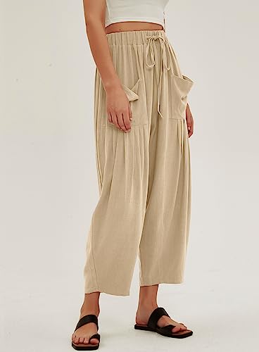 Beaully Women's Linen Pants Casual Loose High Waist Drawstring Wide Leg Capri Pants Trousers with Pockets 6094 Apricot Medium