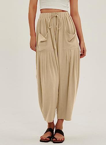 Beaully Women's Linen Pants Casual Loose High Waist Drawstring Wide Leg Capri Pants Trousers with Pockets 6094 Apricot Medium