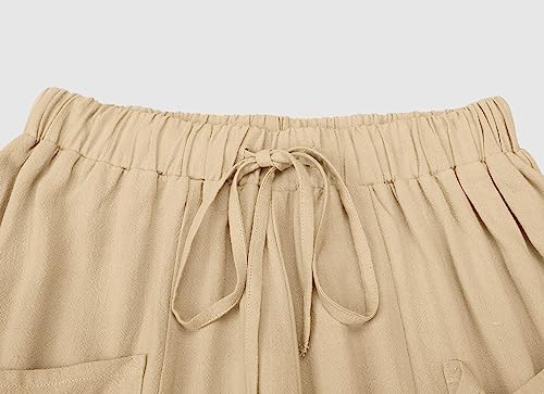 Beaully Women's Linen Pants Casual Loose High Waist Drawstring Wide Leg Capri Pants Trousers with Pockets 6094 Apricot Medium