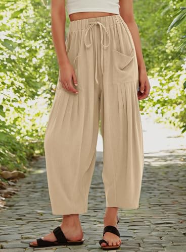 Beaully Women's Linen Pants Casual Loose High Waist Drawstring Wide Leg Capri Pants Trousers with Pockets 6094 Apricot Medium