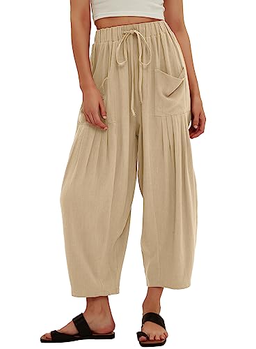 Beaully Women's Linen Pants Casual Loose High Waist Drawstring Wide Leg Capri Pants Trousers with Pockets 6094 Apricot Medium