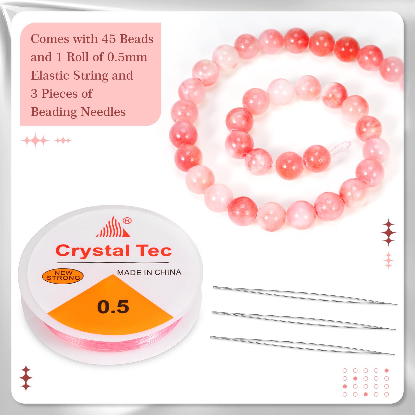 Ecally Natural Gemstone Beads for Jewelry Making, Pink Crystals Marbles Kit,8 mm Marble Beads,45 PCS Round Beads, Crystal Beads for Bracelets Making Bead Cord Needles, Adult (Pink White)