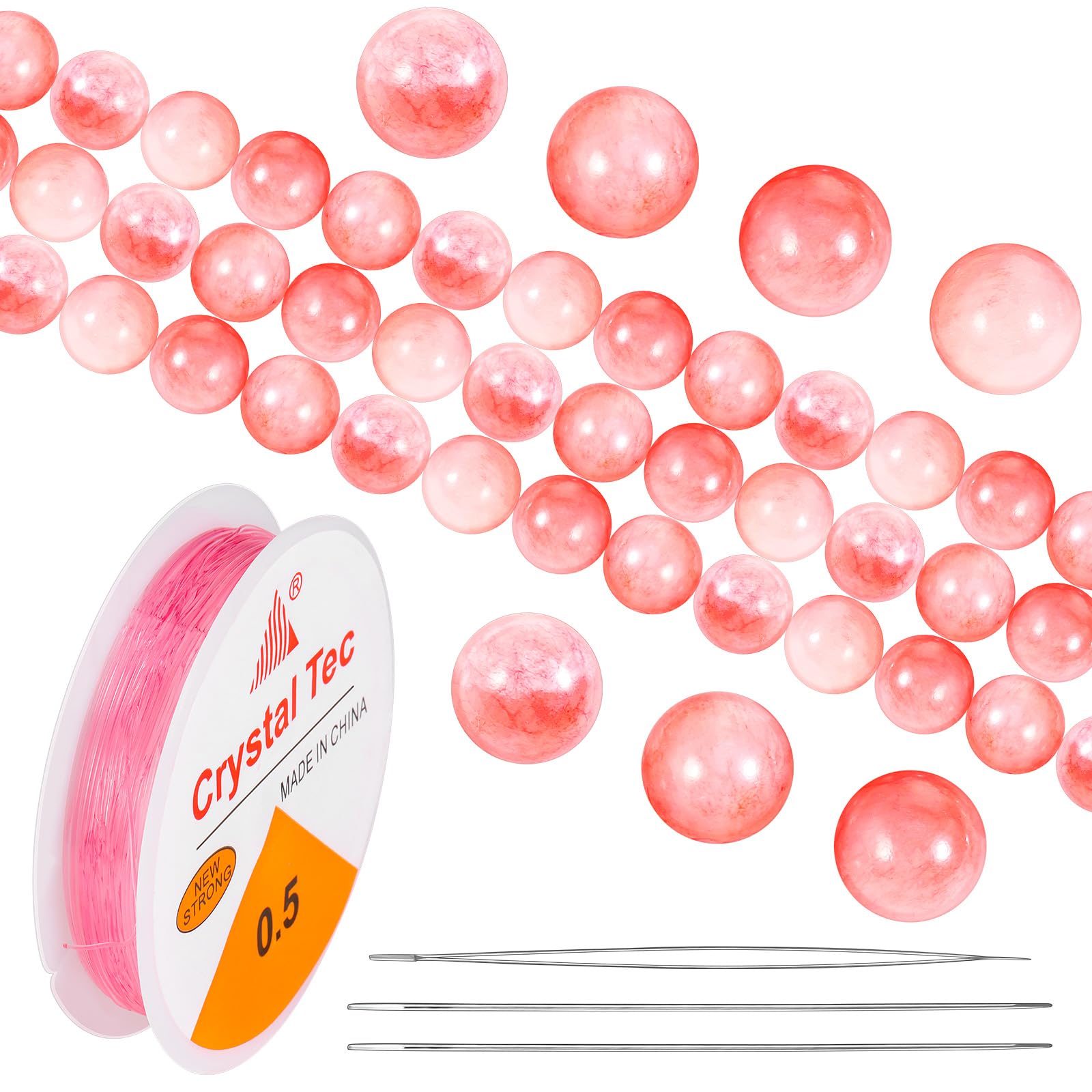 Ecally Natural Gemstone Beads for Jewelry Making, Pink Crystals Marbles Kit,8 mm Marble Beads,45 PCS Round Beads, Crystal Beads for Bracelets Making Bead Cord Needles, Adult (Pink White)
