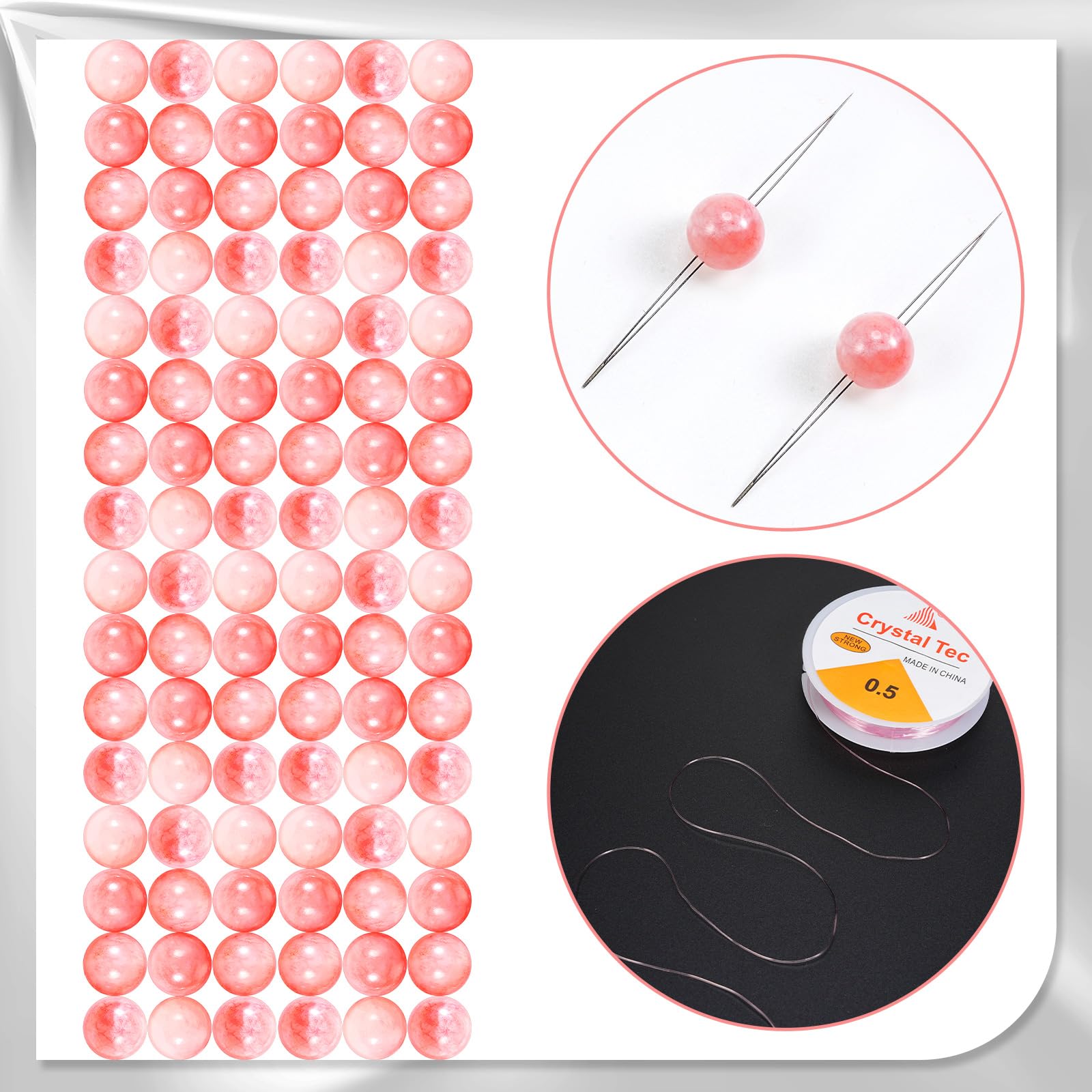 Ecally Natural Gemstone Beads for Jewelry Making, Pink Crystals Marbles Kit,8 mm Marble Beads,45 PCS Round Beads, Crystal Beads for Bracelets Making Bead Cord Needles, Adult (Pink White)