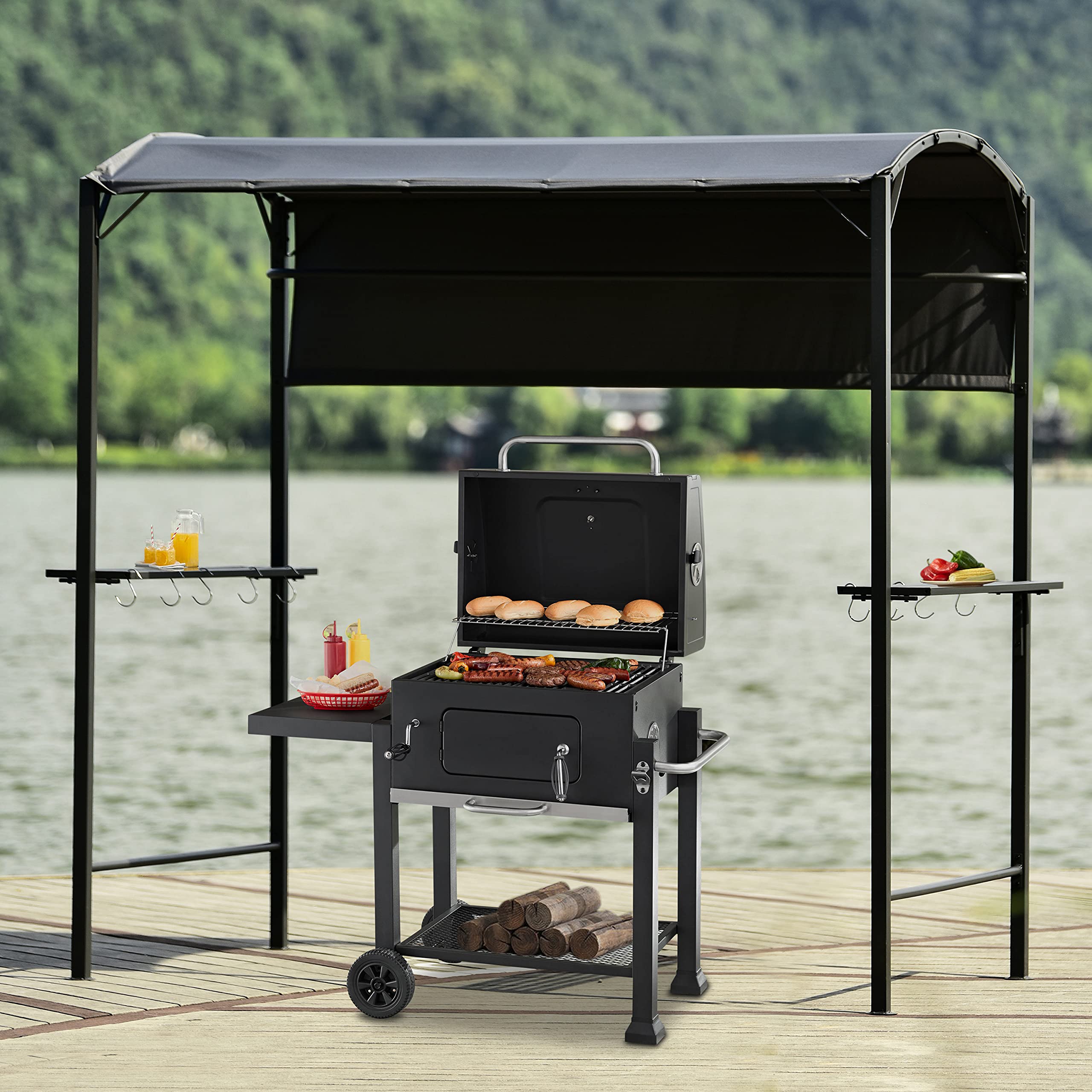 7'x4.5'Grill Gazebo,Iron Double Tiered Backyard Patio BBQ Gazebo with Side Awning, Bar Counters and Hooks, Barbecue Grill Gazebo Shelter for Patio, Garden, Beach, Backyard(Gray)