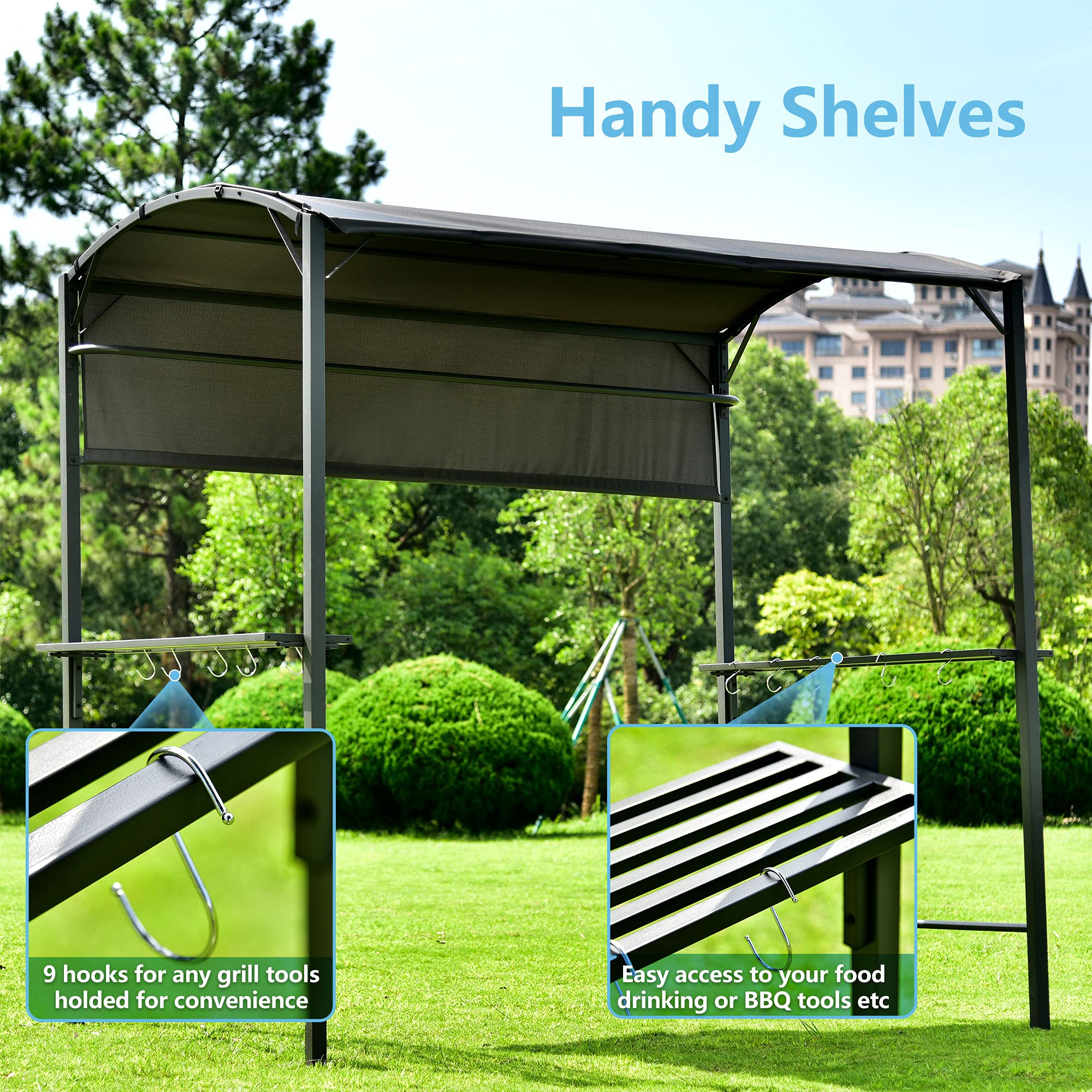 7'x4.5'Grill Gazebo,Iron Double Tiered Backyard Patio BBQ Gazebo with Side Awning, Bar Counters and Hooks, Barbecue Grill Gazebo Shelter for Patio, Garden, Beach, Backyard(Gray)