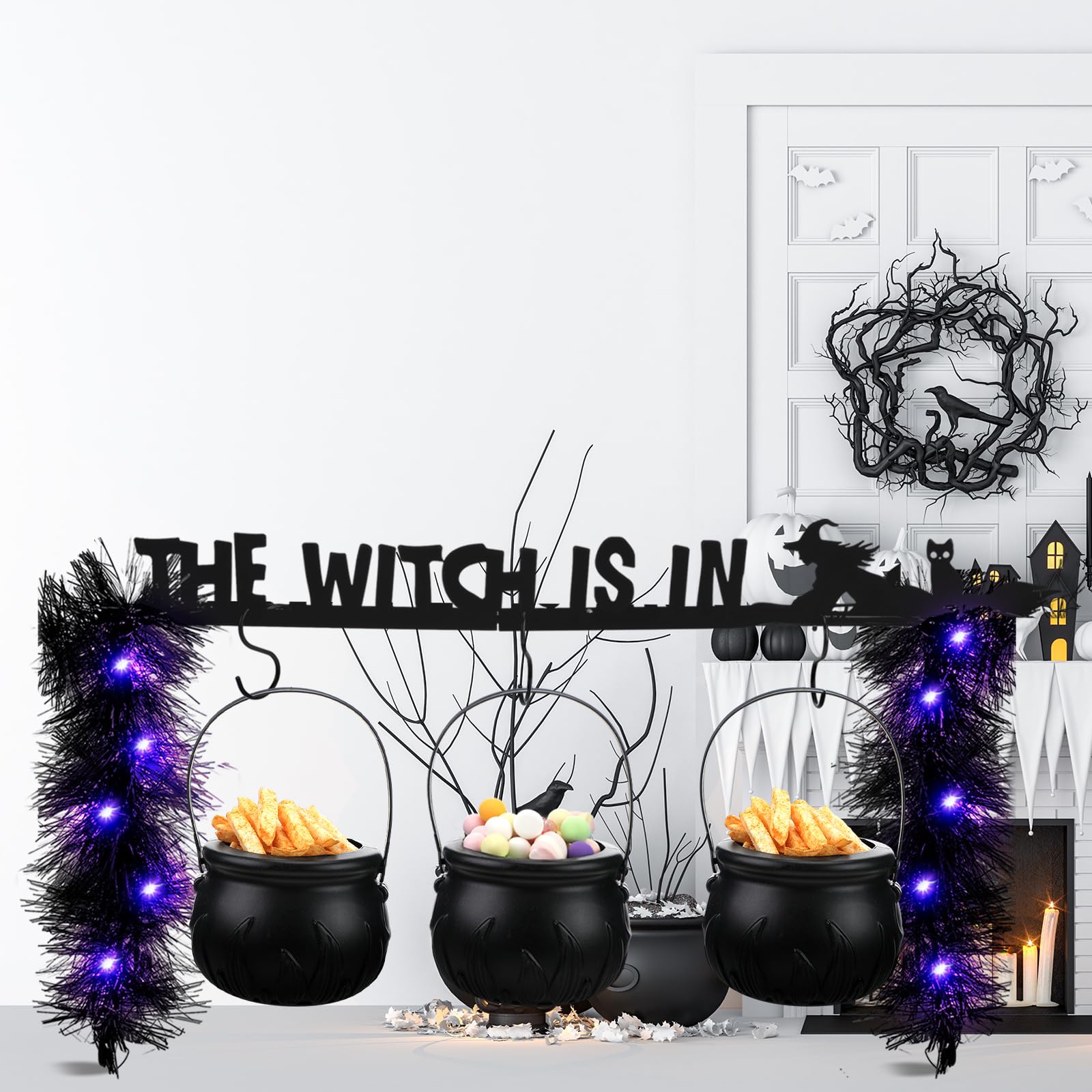 Halloween Witch Cauldron Candy Serving Bowl Halloween Punch Bowl Lighting Party Decorations for Table Kitchen Indoor Outdoor Halloween Candy Holder with Iron Rack and Garland Spiders