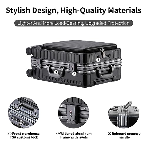 CAARANY Airline Approved Carry On Luggage With Front Pocket,20 Inch Aluminum Frame Luggage With Usb Charging Port,Pc Hard Case Travel Suitcase With Spinner Wheels And Tsa Lock(Black)