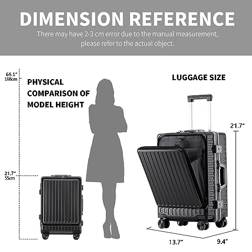 CAARANY Airline Approved Carry On Luggage With Front Pocket,20 Inch Aluminum Frame Luggage With Usb Charging Port,Pc Hard Case Travel Suitcase With Spinner Wheels And Tsa Lock(Black)