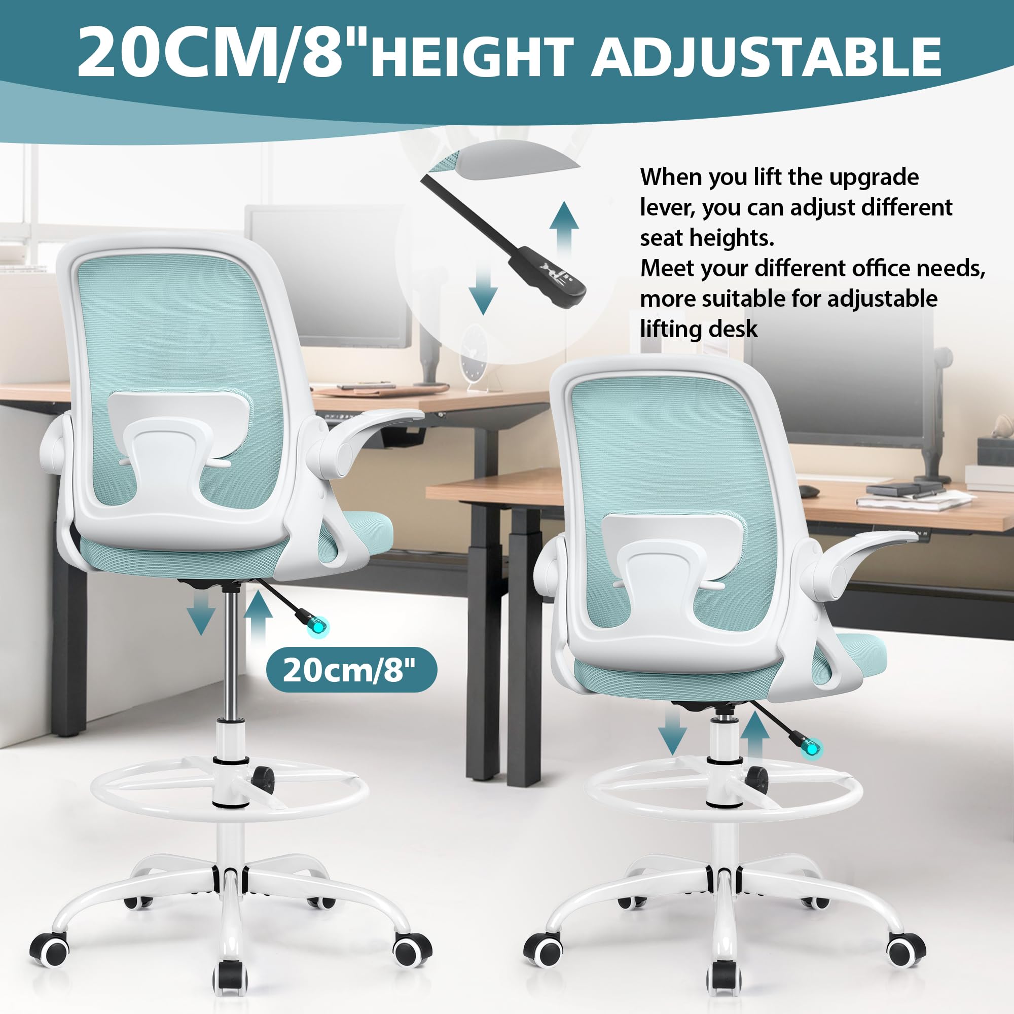 Winrise Drafting Chair Tall Office Chair Ergonomic Desk Chairs with Lumbar Support and Flip-up Armrests, Adjustable Height Comfy Computer Chair with Swivel Task and Adjustable Foot Ring(L-Blue)