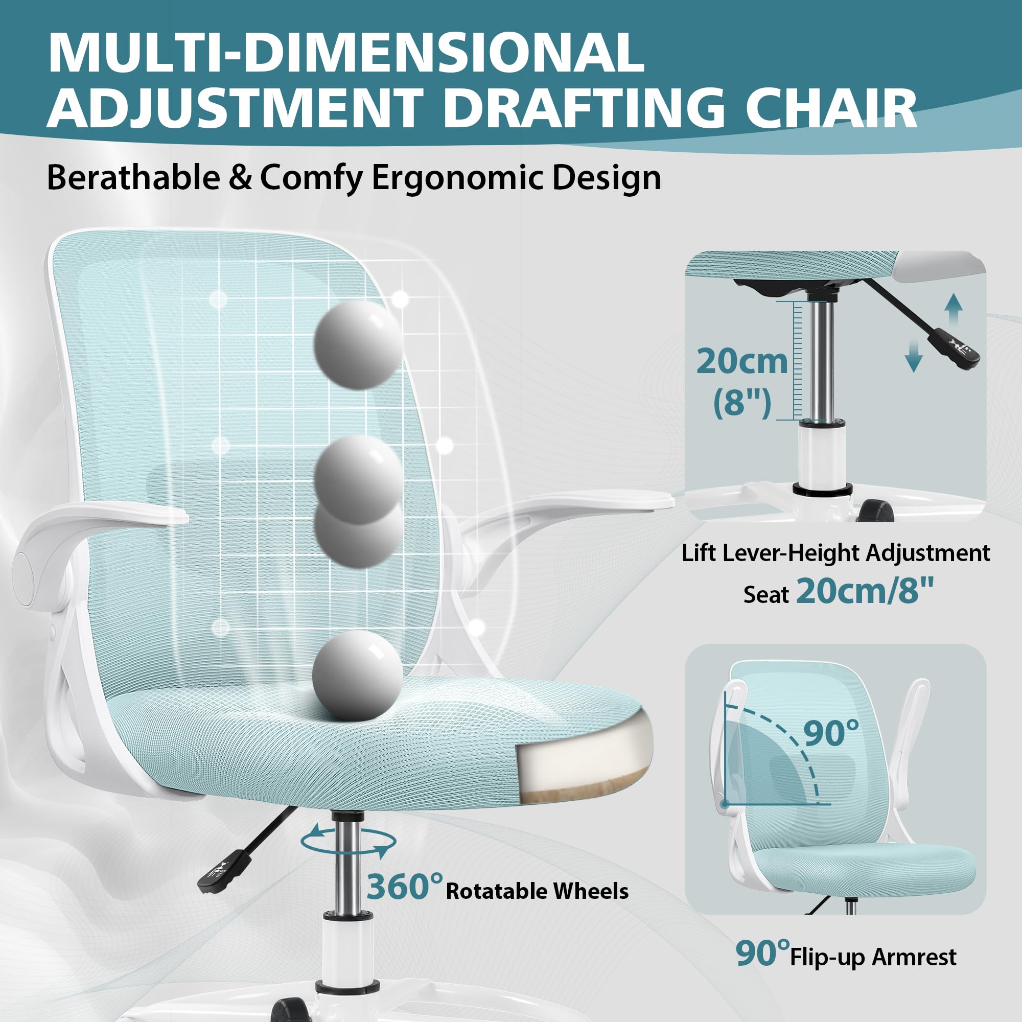 Winrise Drafting Chair Tall Office Chair Ergonomic Desk Chairs with Lumbar Support and Flip-up Armrests, Adjustable Height Comfy Computer Chair with Swivel Task and Adjustable Foot Ring(L-Blue)