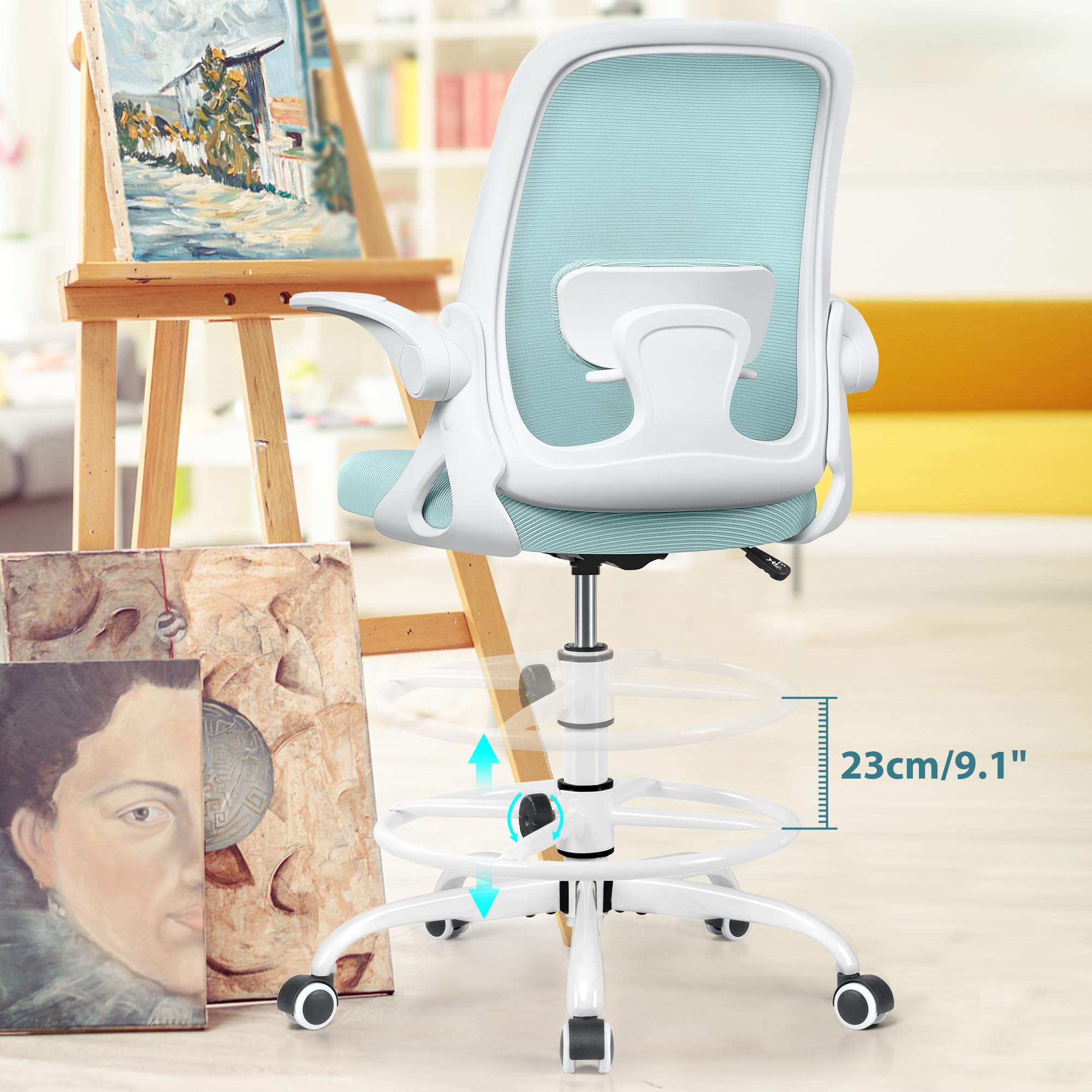 Winrise Drafting Chair Tall Office Chair Ergonomic Desk Chairs with Lumbar Support and Flip-up Armrests, Adjustable Height Comfy Computer Chair with Swivel Task and Adjustable Foot Ring(L-Blue)