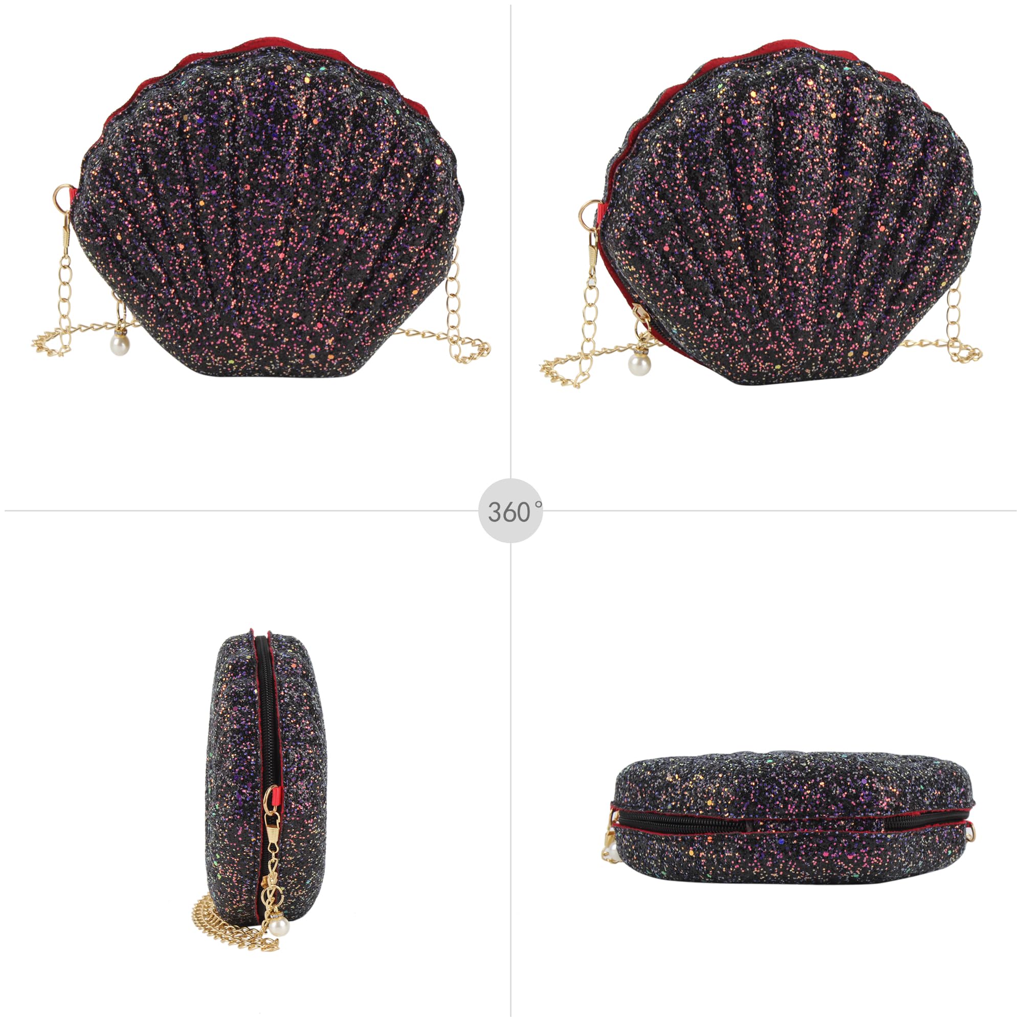 Women Mini Glitter Sequins Seashell Evening Clutch Handbag Chain Strap Cross-body Bag Shoulder Bag