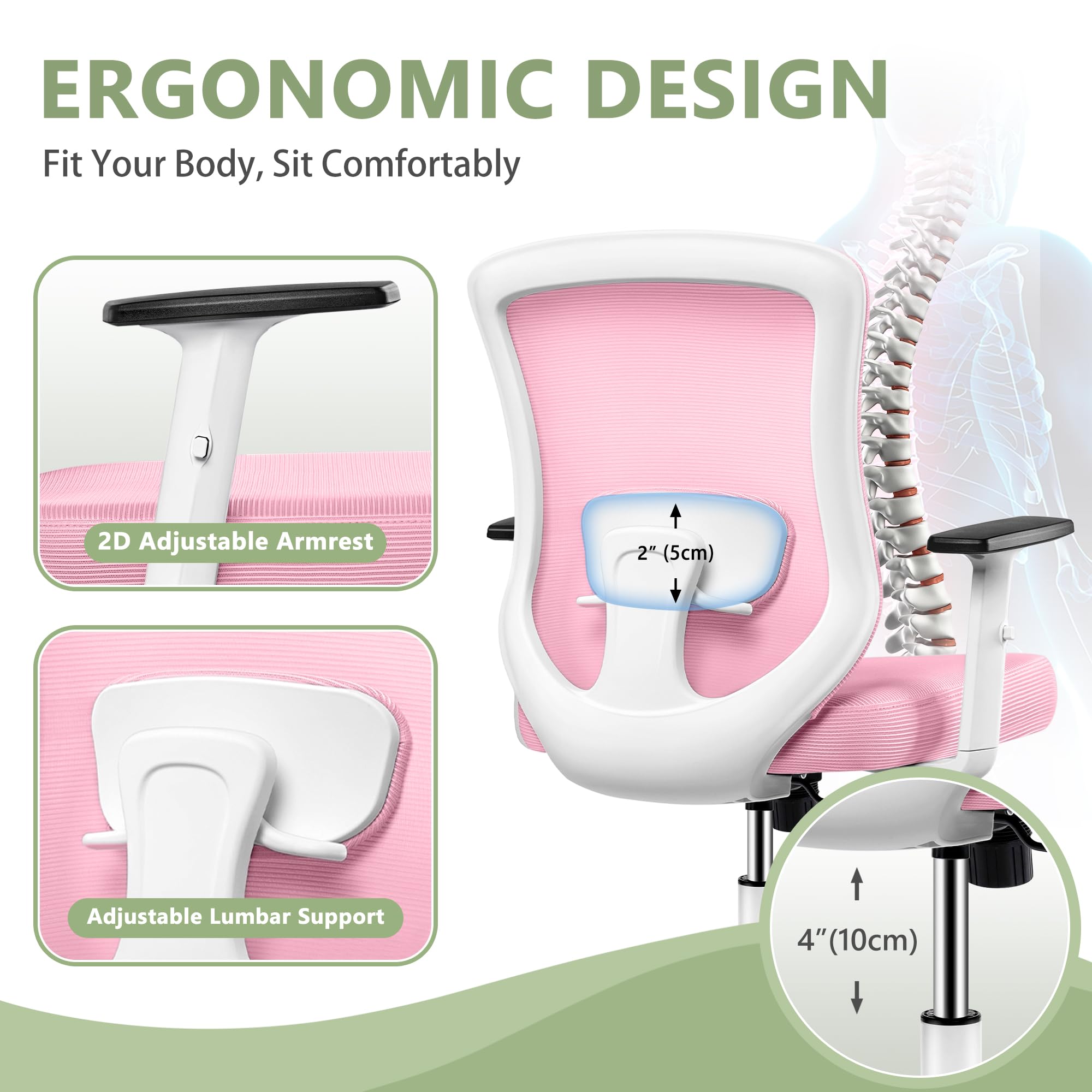 Winrise Office Chair Ergonomic Desk Chairs with Lumbar Support and Flip-up Arms, Comfortable Breathable Mesh Computer Executive Chair with Swivel Task, Adjustable Height 4'', Home, Bedroom -Pink