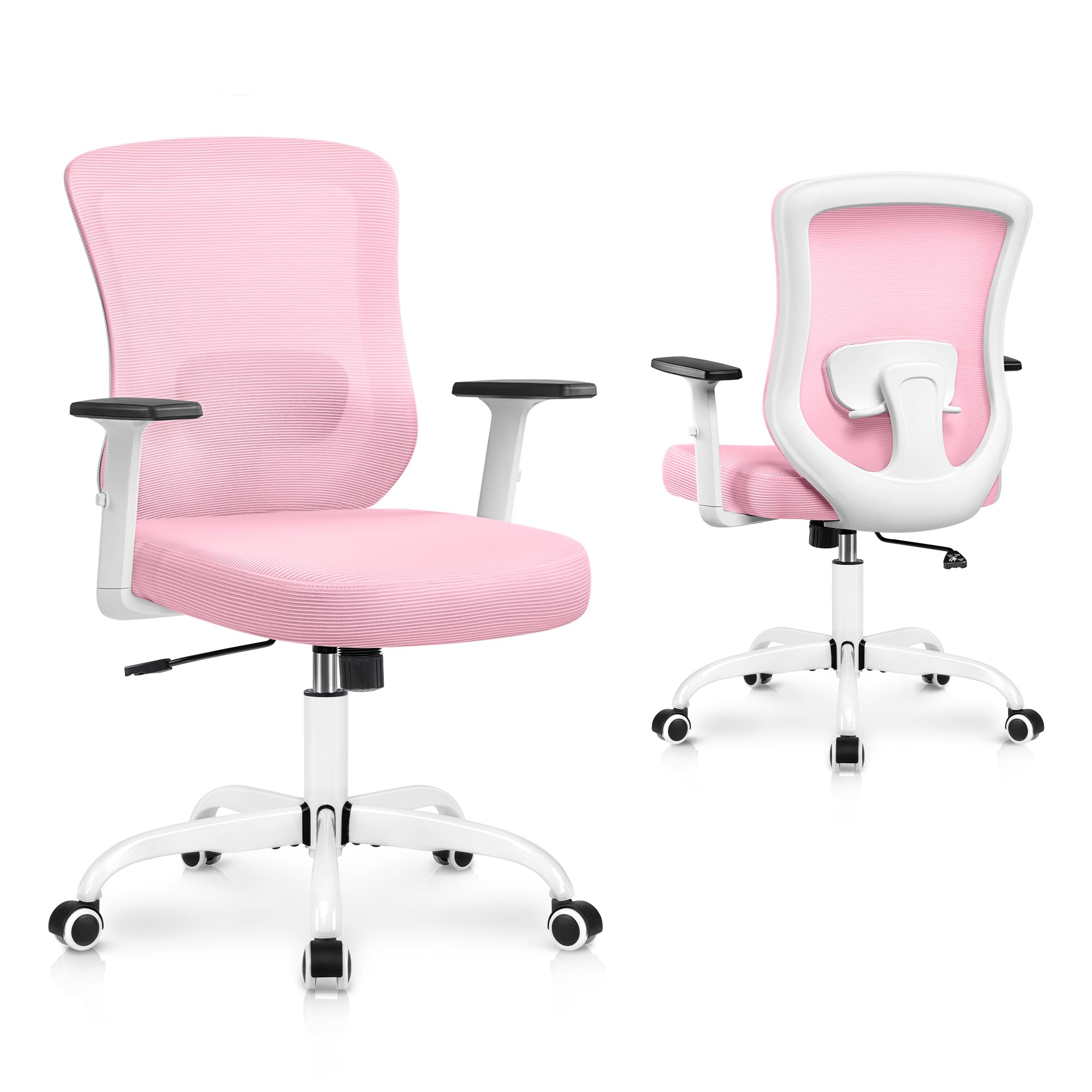 Winrise Office Chair Ergonomic Desk Chairs with Lumbar Support and Flip-up Arms, Comfortable Breathable Mesh Computer Executive Chair with Swivel Task, Adjustable Height 4'', Home, Bedroom -Pink