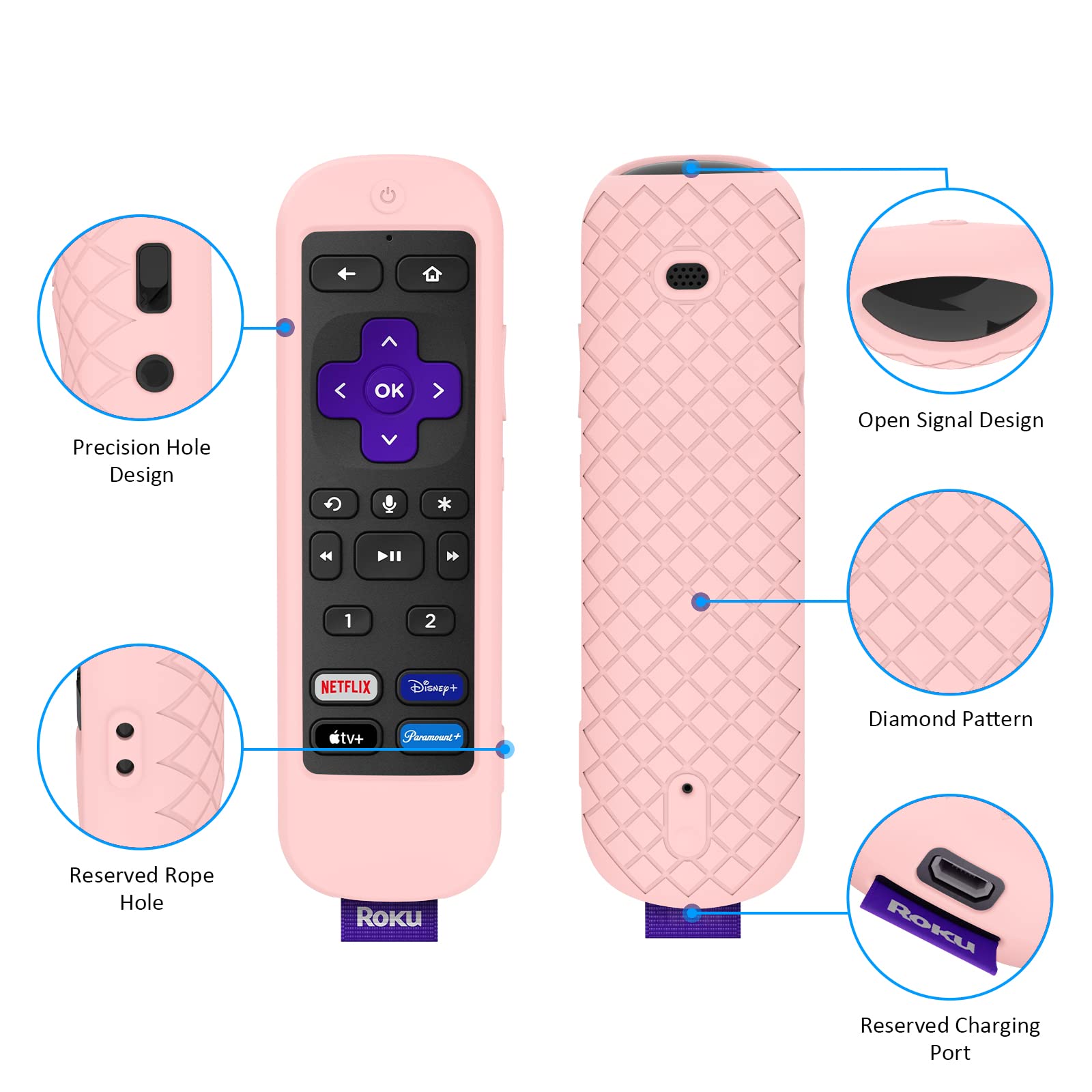 Silicone Cover for Roku Ultra 2022 Remote/Roku Voice Remote Pro 2021 Silicone Cover Case, Shockproof Durable Silicone Remote Case with Lanyard (Pink)