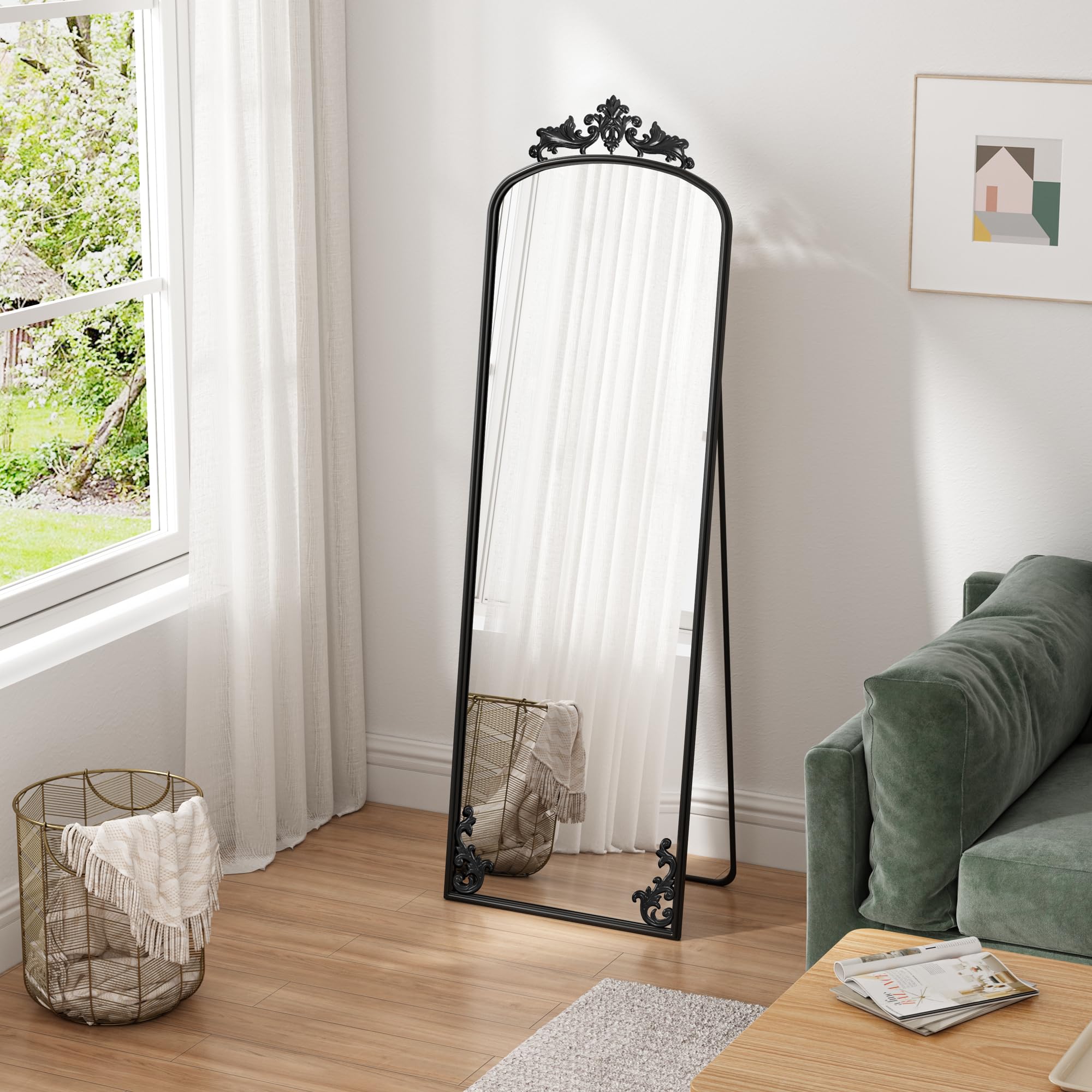 AZODY Arched Mirror Full Length with Stand, 65" x 21" Black Floor Length Mirror with Carved Metal Frame, Full Body Wall Mirror for Home Decor Wedding Entryway Living Room