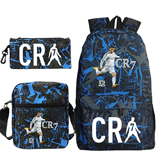 WEIYON Teen Boys Cristiano Ronaldo 3 in 1 School Bookbag Set-Lightweight Canvas Backpack+Shoulder Bag+Pencil Case