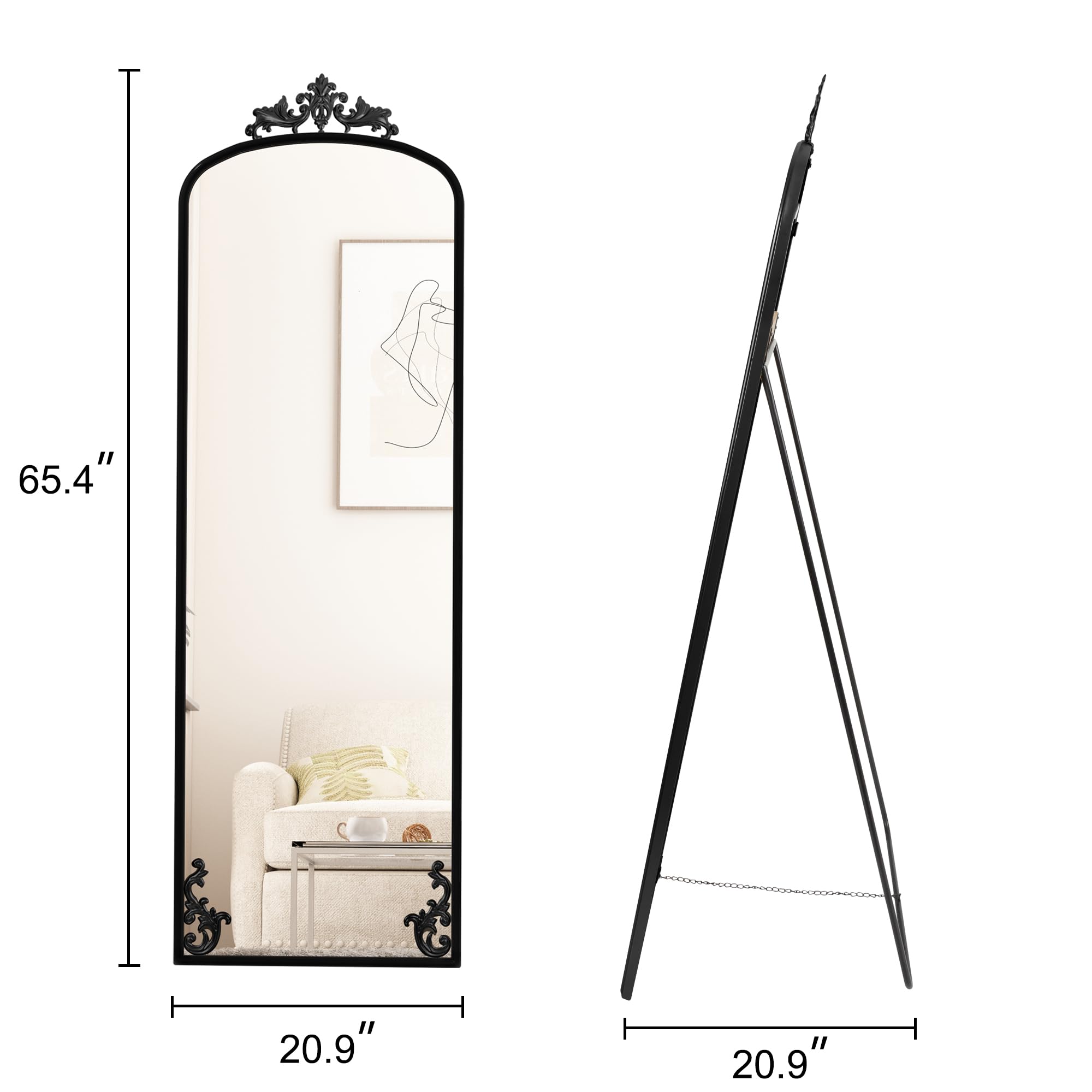 AZODY Arched Mirror Full Length with Stand, 65" x 21" Black Floor Length Mirror with Carved Metal Frame, Full Body Wall Mirror for Home Decor Wedding Entryway Living Room