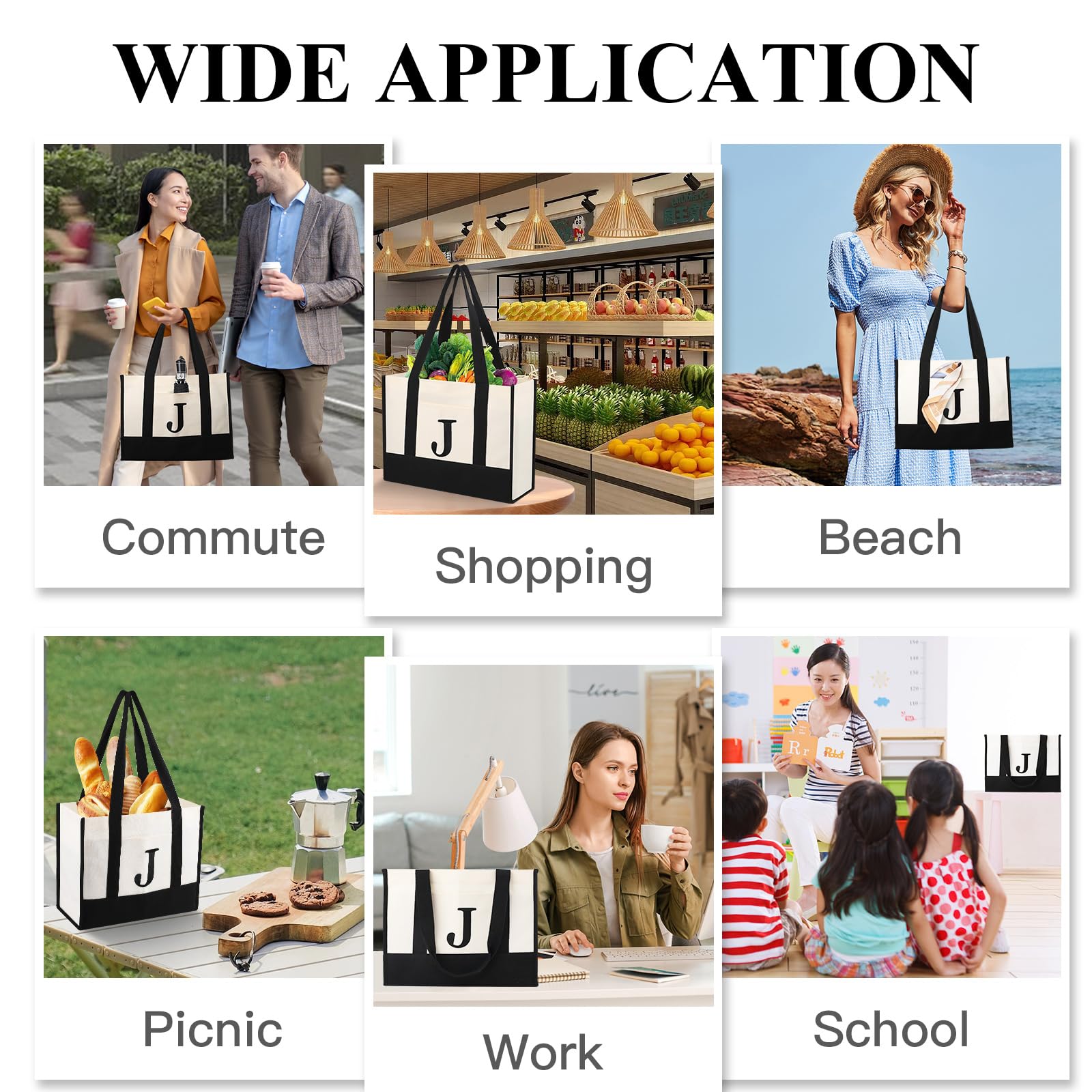 BALEINE Personalized Initial Canvas Tote Bag, ECO Friendly Multipurpose Bags for Women, Gift Bag, Beach Bag (Em)