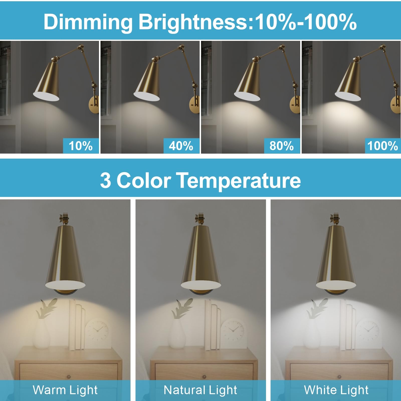Tovmey Battery Operated Wall Sconce Big Size, Long Arm Wall Sconces Set of Two Battery Operated, Adjustable Angle Wireless Wall Sconce No Wiring, Dimmable Gold Wall Sconces Battery Operated for Room