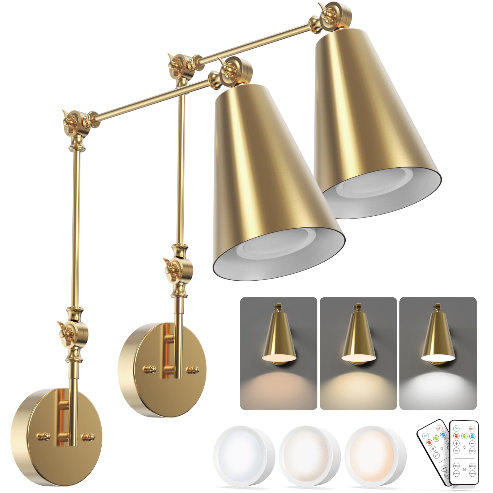 Tovmey Battery Operated Wall Sconce Big Size, Long Arm Wall Sconces Set of Two Battery Operated, Adjustable Angle Wireless Wall Sconce No Wiring, Dimmable Gold Wall Sconces Battery Operated for Room