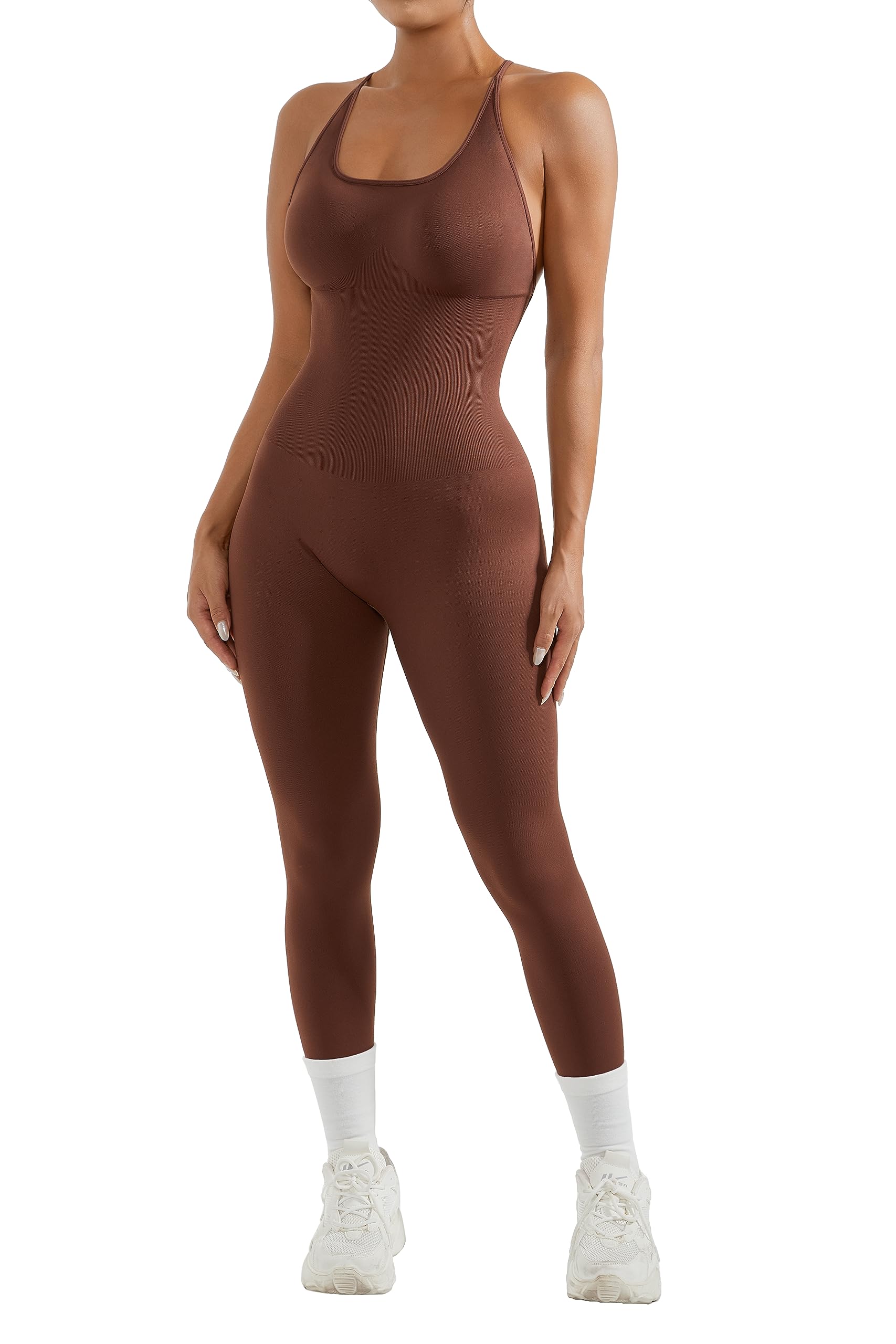 MOOSLOVER Women Strappy Backless One Piece Jumpsuits Tummy Control Padded Workout Rompers(XL,#1 Brown)