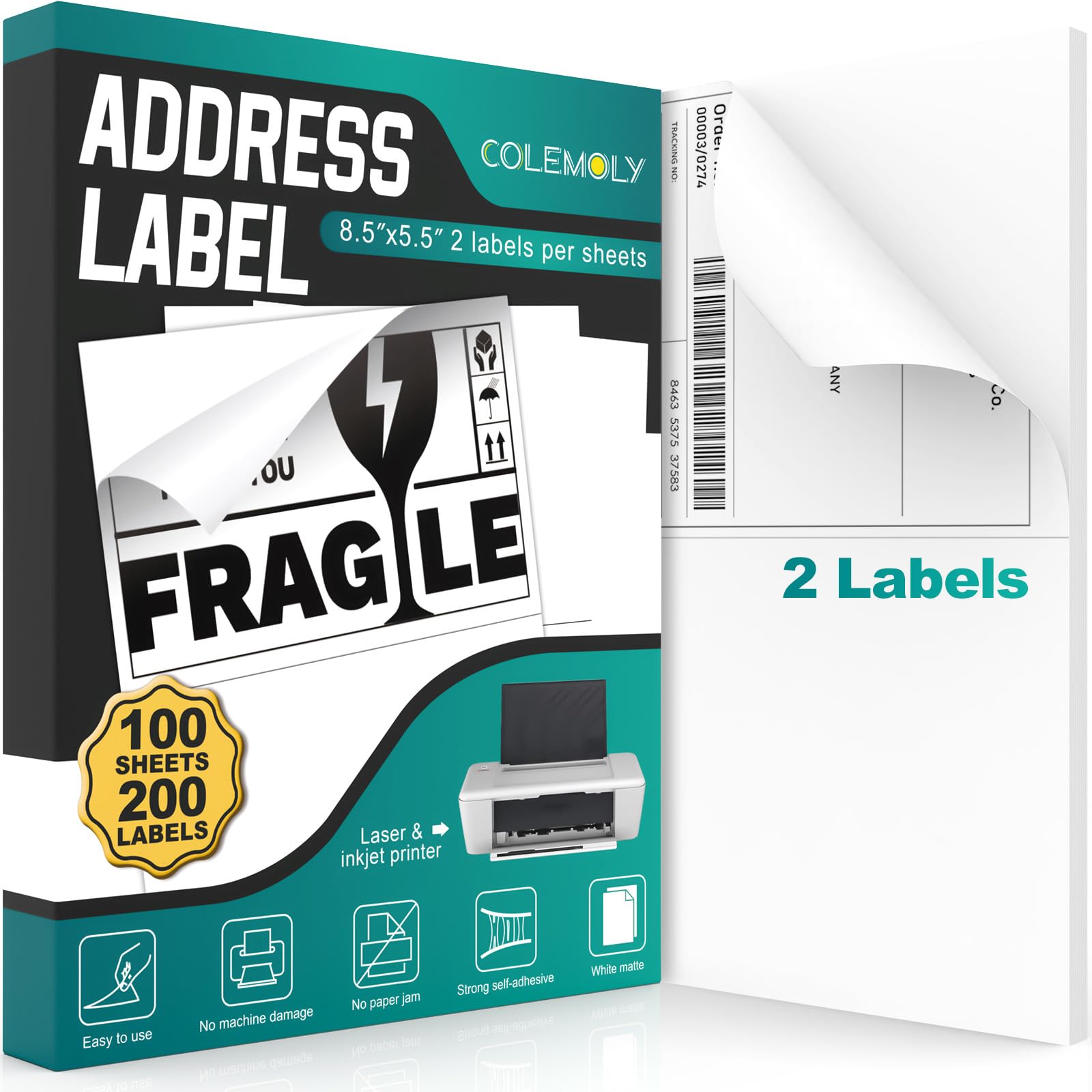 8.5x5.5 Labels Sticker Paper for Inkjet/Laser Printers - 100 Half Labels Sheets 200 Blank White Matte Printabel Label for Mailing, Shipping, and Organization