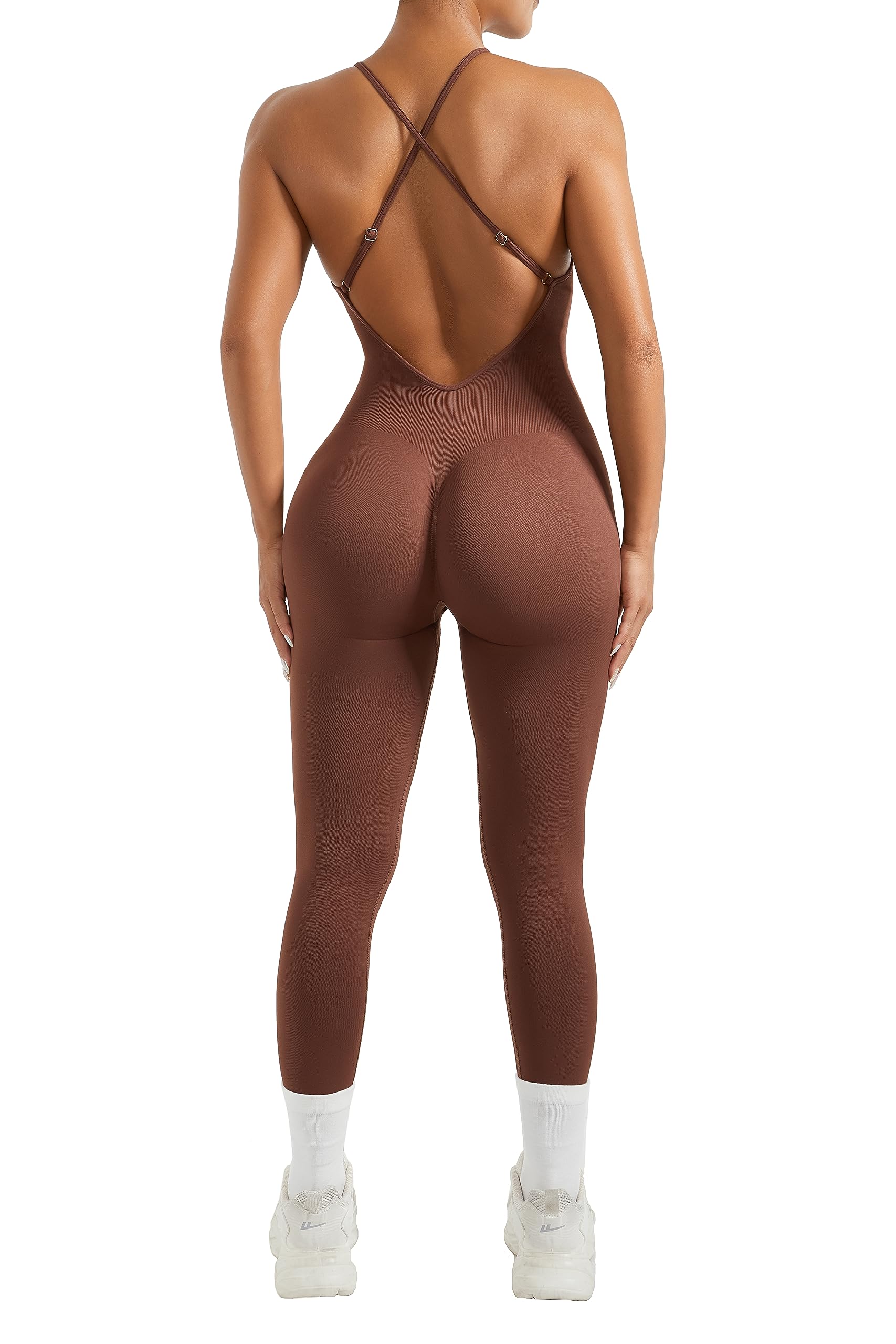 MOOSLOVER Women Strappy Backless One Piece Jumpsuits Tummy Control Padded Workout Rompers(XL,#1 Brown)
