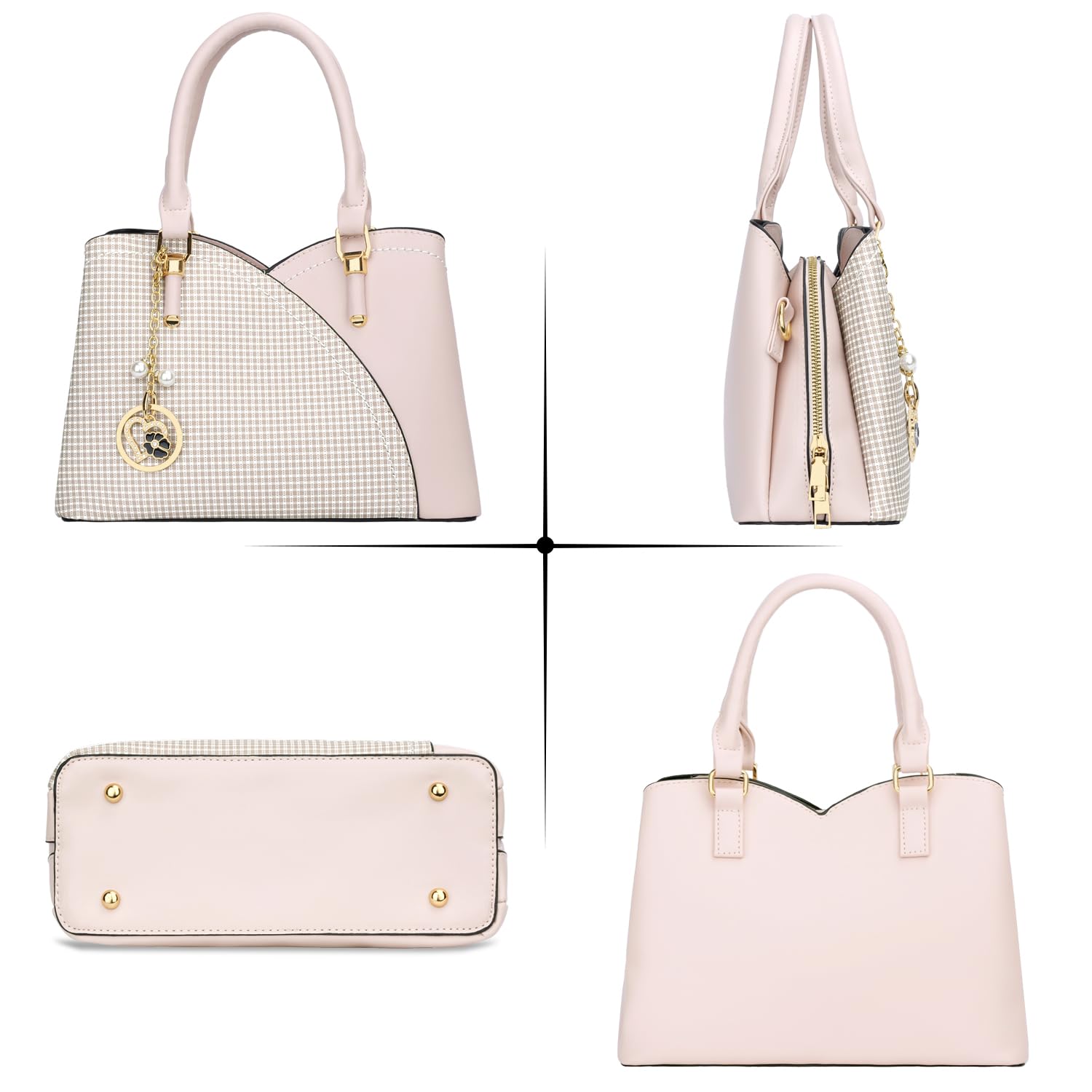 KKXIU Triple Compartments Purses and Handbags for Women Fashion Ladies Satchel Shoulder Top Handle Bag (1-Pink)