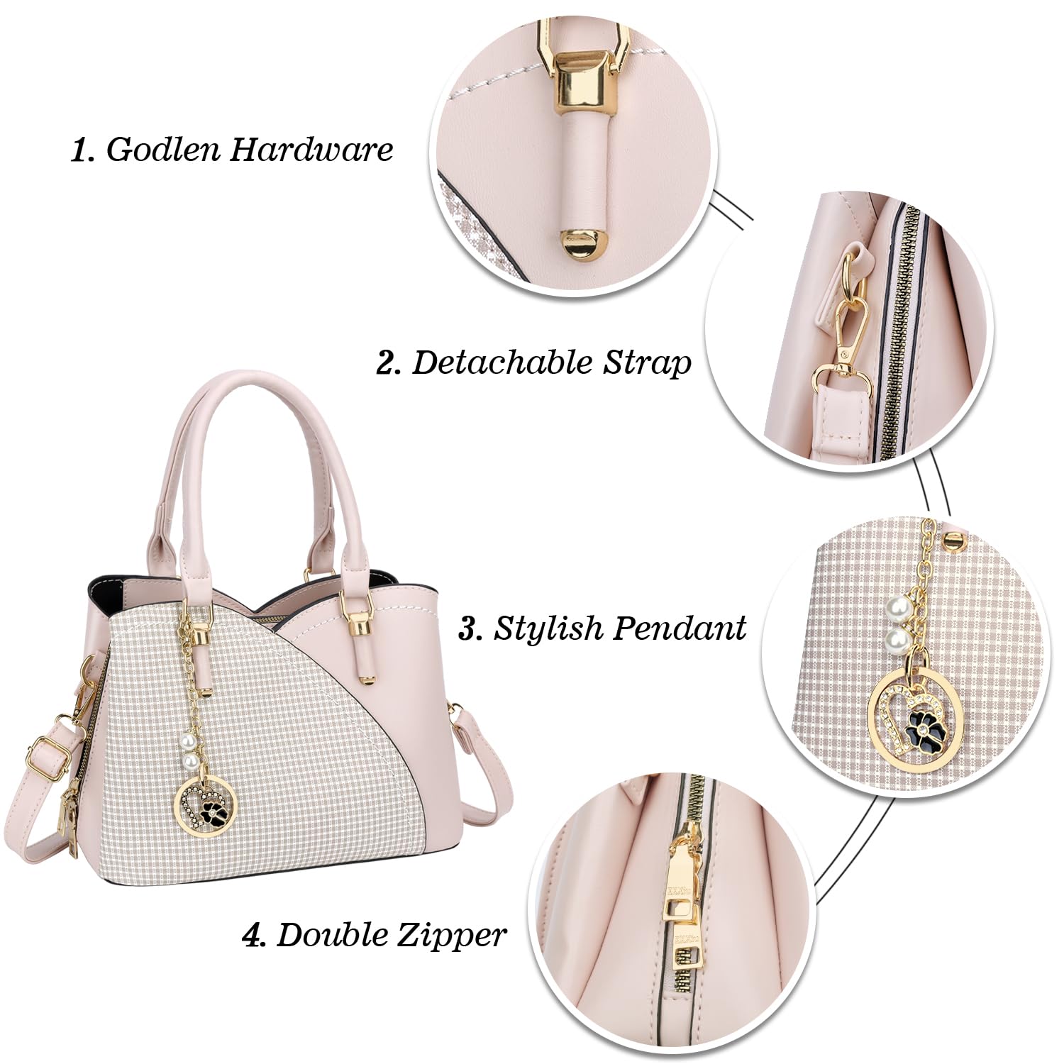 KKXIU Triple Compartments Purses and Handbags for Women Fashion Ladies Satchel Shoulder Top Handle Bag (1-Pink)