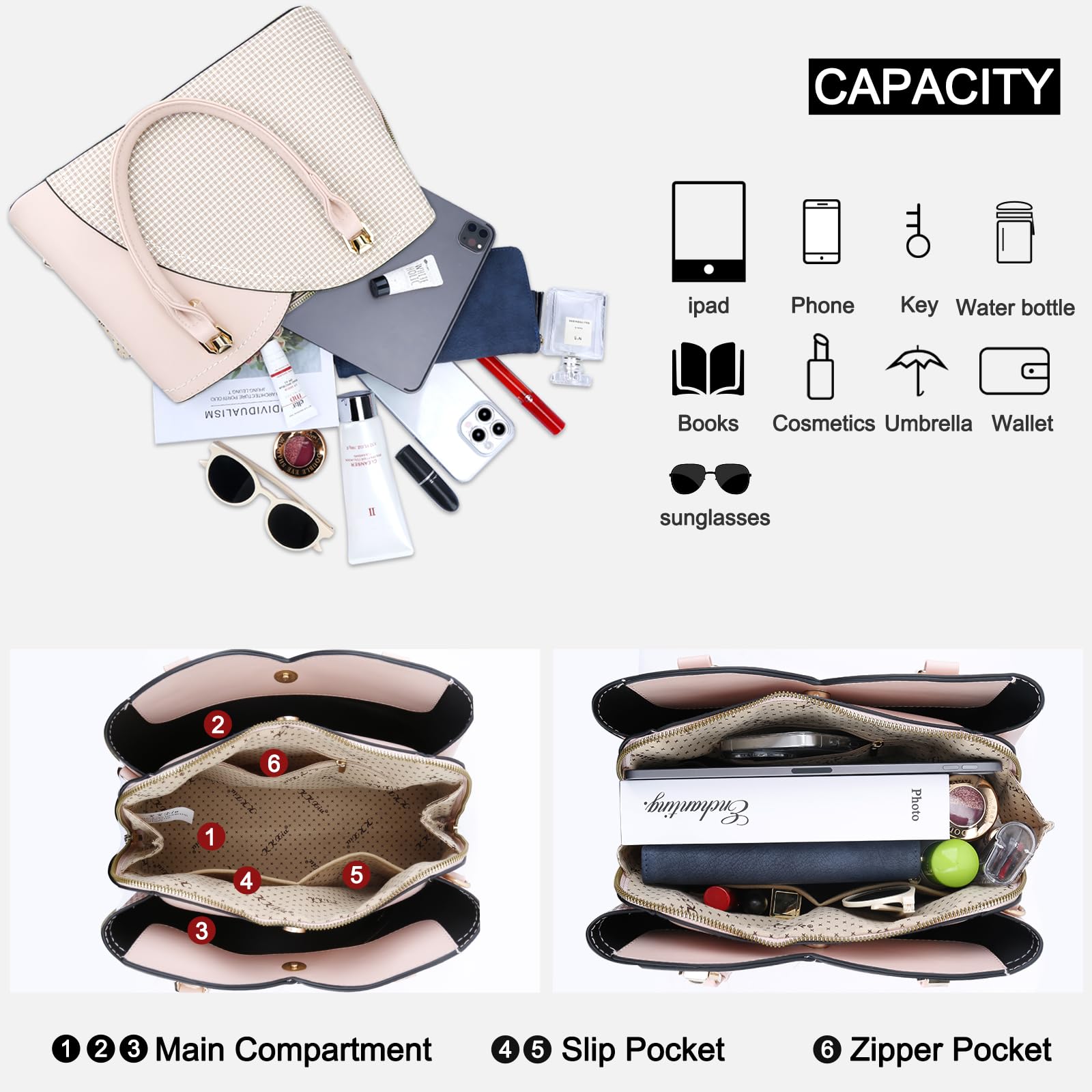 KKXIU Triple Compartments Purses and Handbags for Women Fashion Ladies Satchel Shoulder Top Handle Bag (1-Pink)