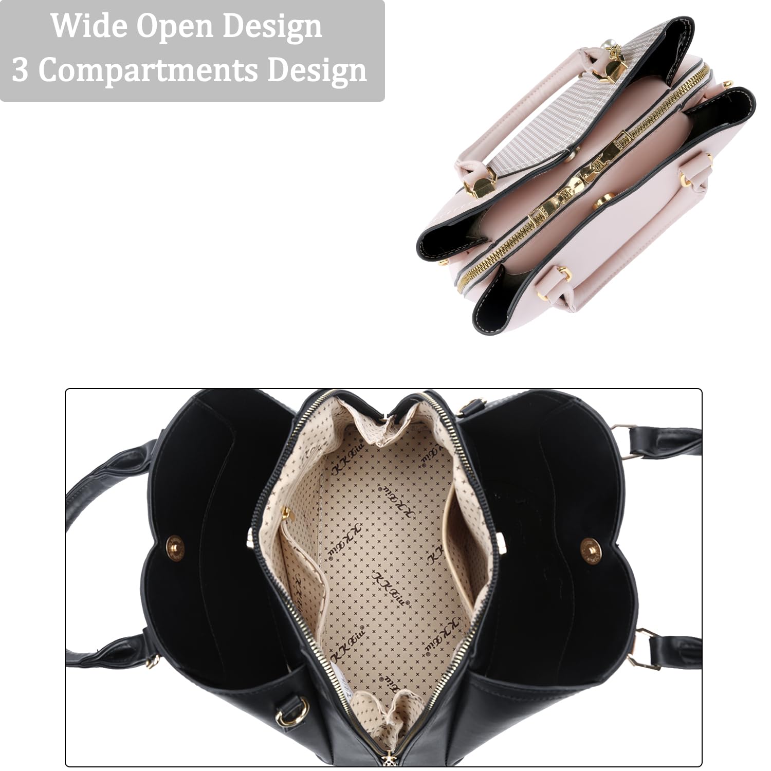 KKXIU Triple Compartments Purses and Handbags for Women Fashion Ladies Satchel Shoulder Top Handle Bag (1-Pink)