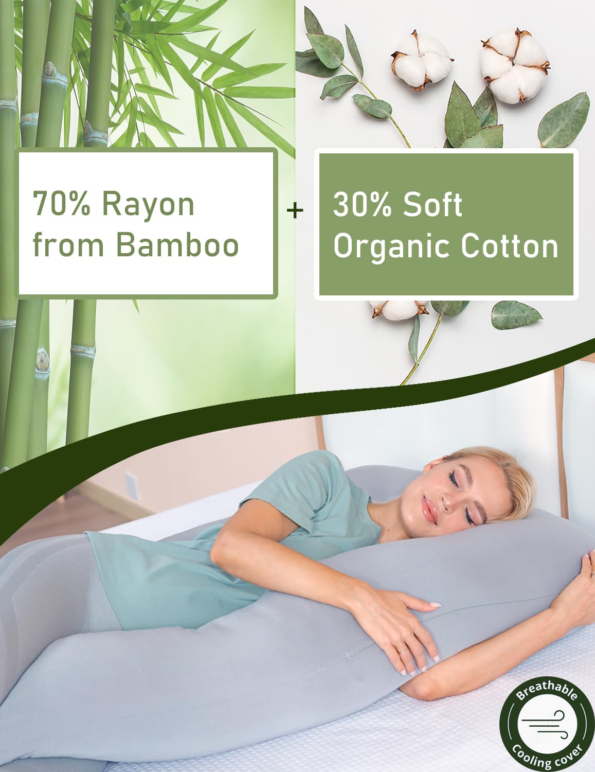 MISERRO Pregnancy Pillows for Sleeping Cooling, Bamboo Rayon Cotton Blend Pregnancy Pillow, Soft Full Body Maternity Pillow, Pregnancy Must Haves (Gray, 57inches)