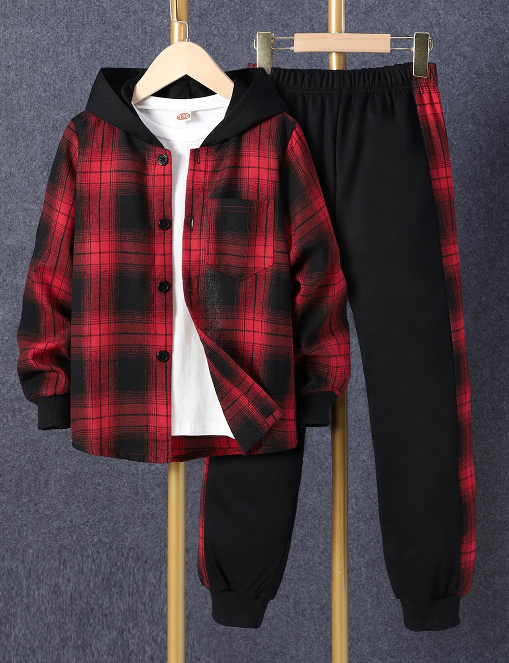 FERWANG Kids Toddler Boys 2 Piece Outfit Plaid Color Front Button Down Hoodie Sweatshirt and Jogger Sweatpants Sets