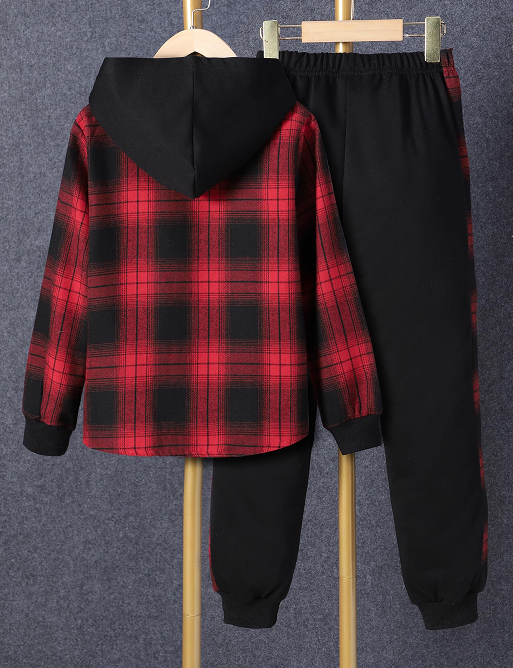 FERWANG Kids Toddler Boys 2 Piece Outfit Plaid Color Front Button Down Hoodie Sweatshirt and Jogger Sweatpants Sets