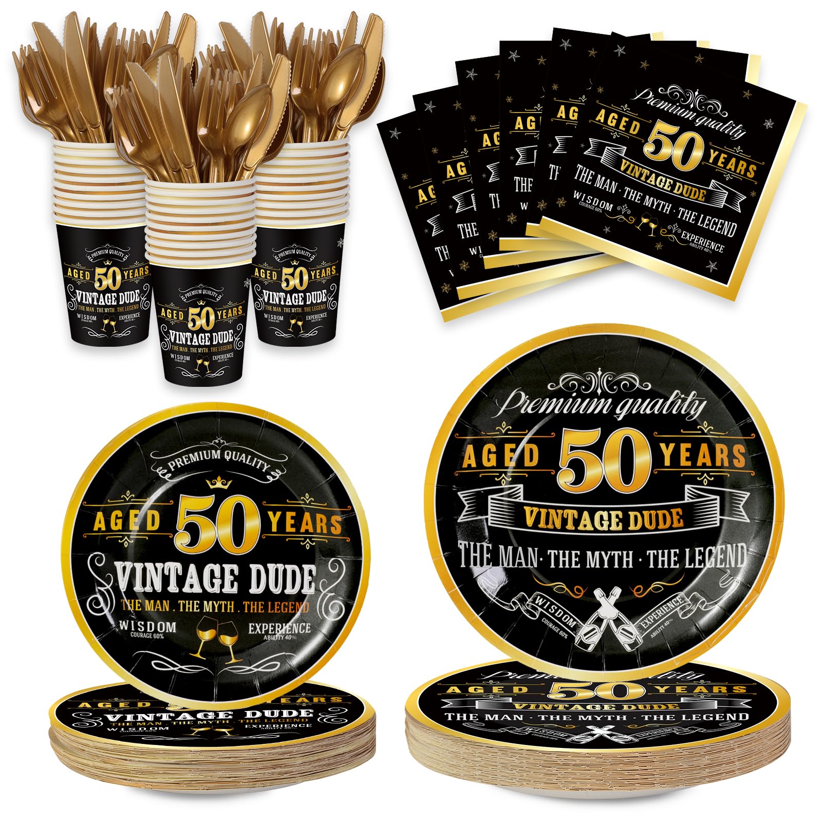 168 Pcs Vintage 50th Party Tableware Set, Black Gold Vintage Happy 50 Birthday Tablecloth 24 Guests Dinner Plates Dessert Plate Cup and Napkins for Men Cheers 50th Theme Birthday Party Supplies