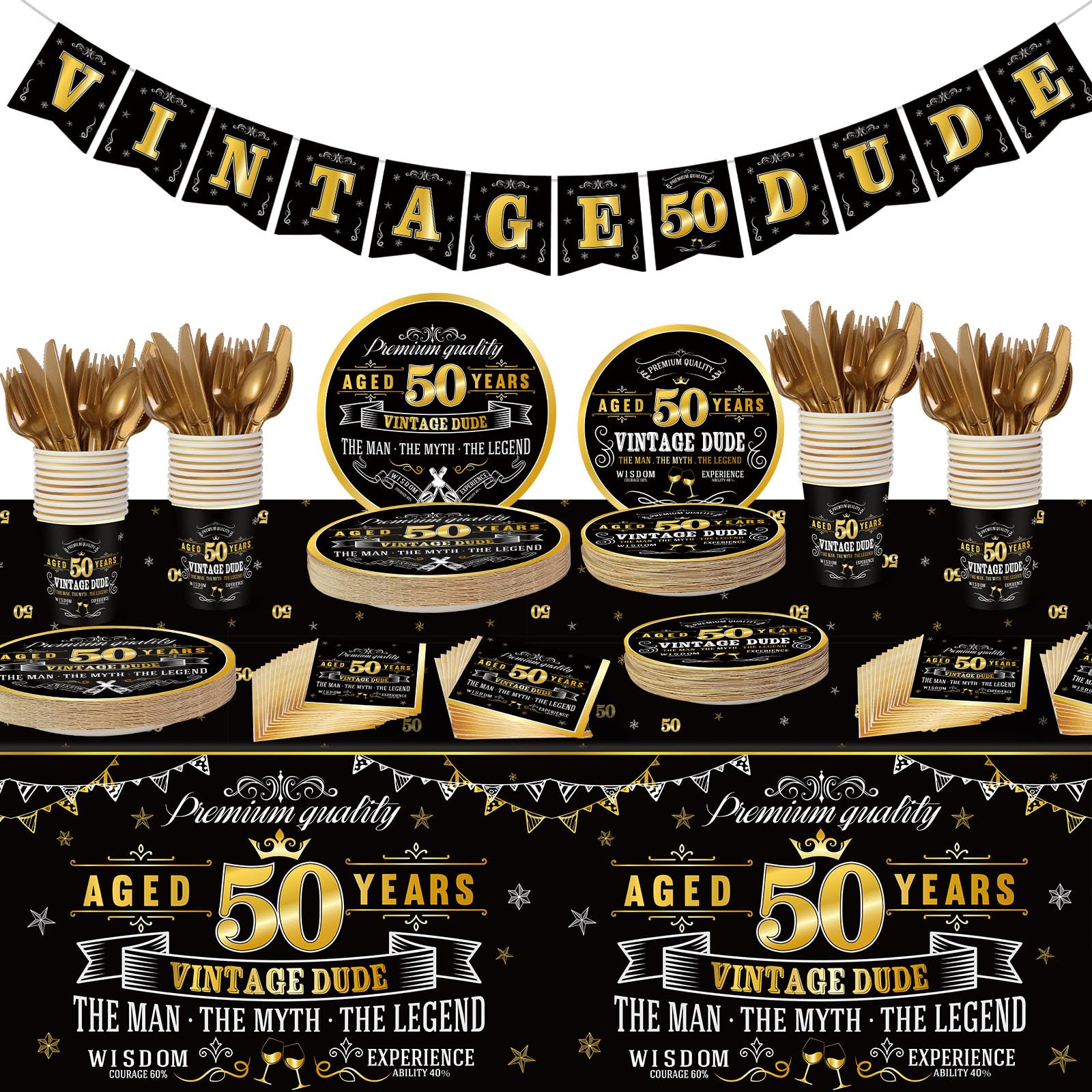 183 Pcs Vintage 50th Party Tableware Set, Black Gold Vintage Happy 50 Birthday Tablecloth 24 Guests Dinner Plates Dessert Plate Cup and Napkins for Men Cheers 50th Theme Birthday Party Supplies