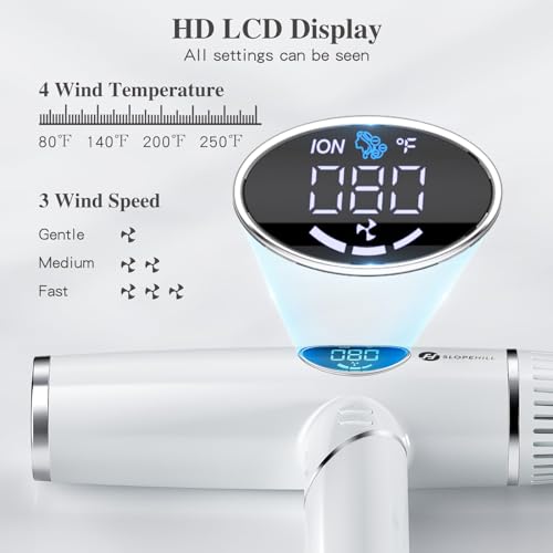 Hair Dryer, slopehill Professional Foldable Blow Dryer, Ionic Hairdryer, High-Speed Blowdryer for Fast Drying, Portable Compact for Travel, Magnetic Diffuser & Nozzle, LCD Display