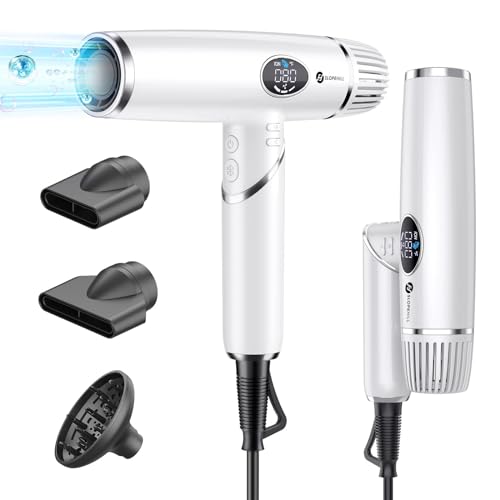 Hair Dryer, slopehill Professional Foldable Blow Dryer, Ionic Hairdryer, High-Speed Blowdryer for Fast Drying, Portable Compact for Travel, Magnetic Diffuser & Nozzle, LCD Display