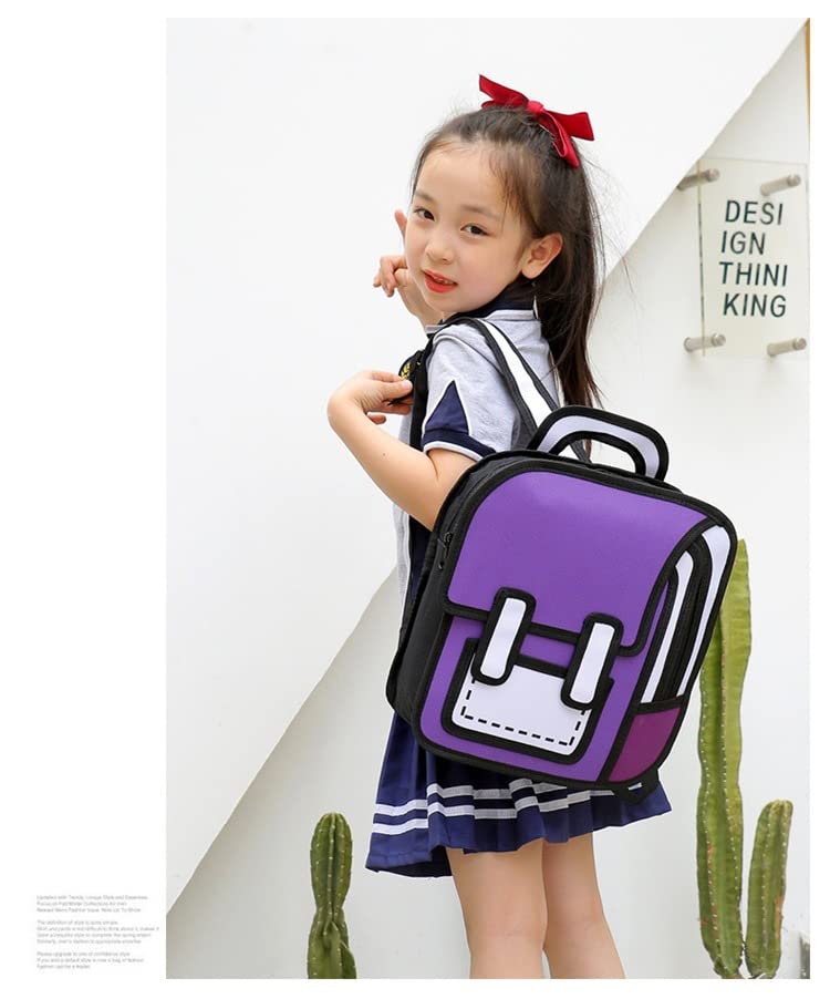 Kawaii Backpack Sketch Cute Cartoon 3D Jump Style 2D Drawing from Comic Paper Anime Bookbag School Supplies Fun Daypack (Purple)