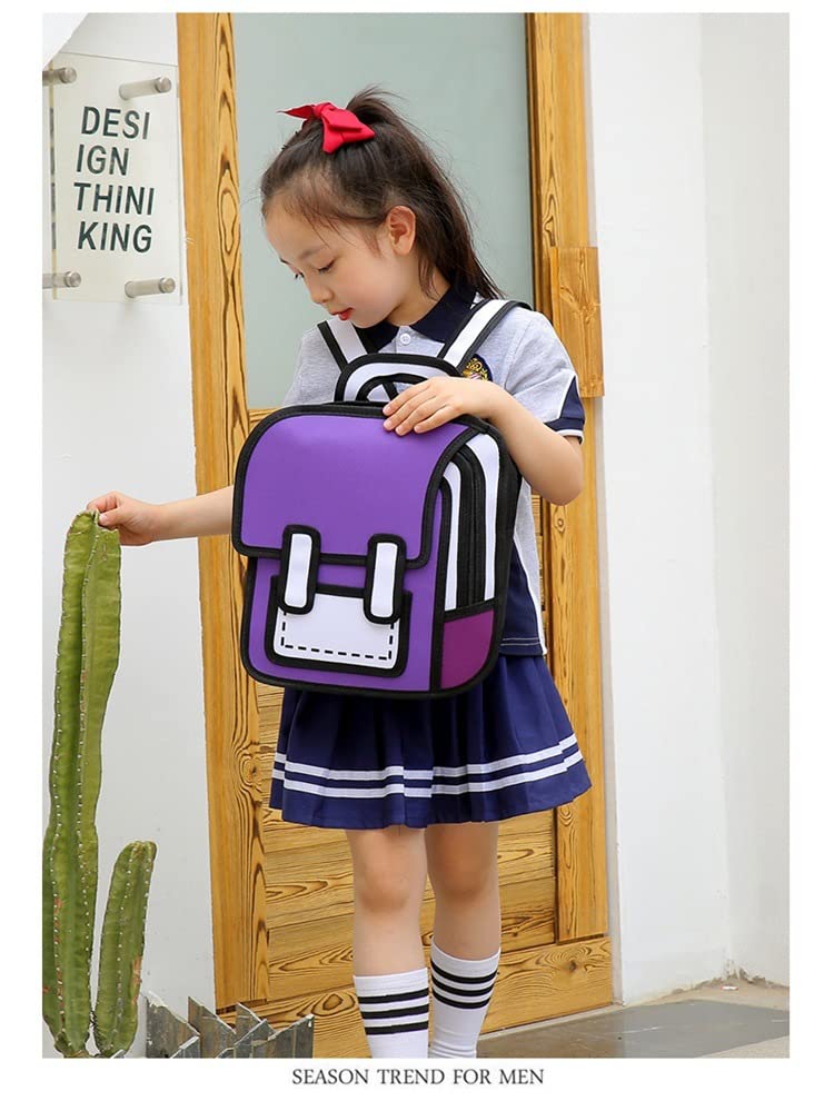 Kawaii Backpack Sketch Cute Cartoon 3D Jump Style 2D Drawing from Comic Paper Anime Bookbag School Supplies Fun Daypack (Purple)