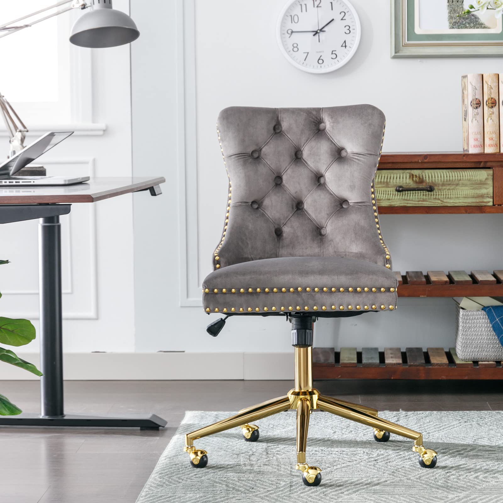 i-POOK Swivel Shell Office Chair, Velvet Upholstered Tufted Button Home Office Chair with Golden Metal Base and 5 Wheel, Adjustable Desk Chair Swivel Task Chair for Living Room Bedroom, Gray