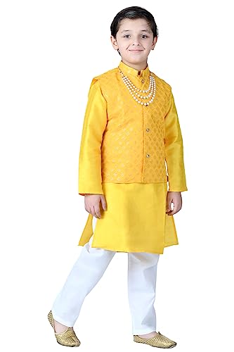 Vaanee Designz Boys' Ethnic Wear Waistcoat Kurta Pyjama Set 7 Years-8 Years Yellow