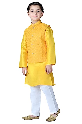 Vaanee Designz Boys' Ethnic Wear Waistcoat Kurta Pyjama Set 7 Years-8 Years Yellow
