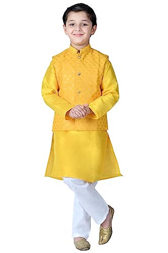 Vaanee Designz Boys' Ethnic Wear Waistcoat Kurta Pyjama Set 7 Years-8 Years Yellow