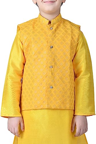 Vaanee Designz Boys' Ethnic Wear Waistcoat Kurta Pyjama Set 7 Years-8 Years Yellow